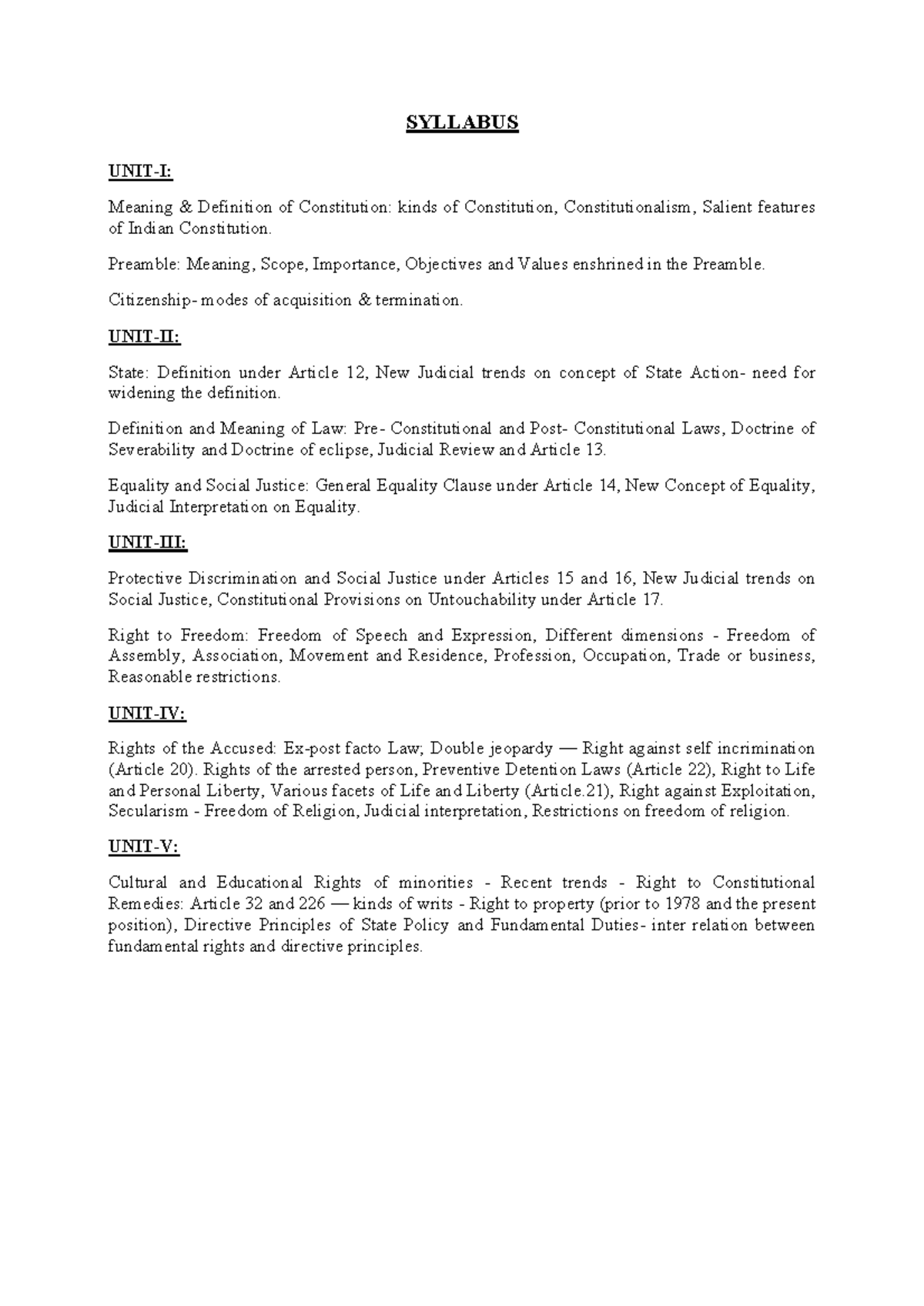 Constitutional Law I ( Sample Notes) - SYLLABUS UNIT-I: Meaning ...