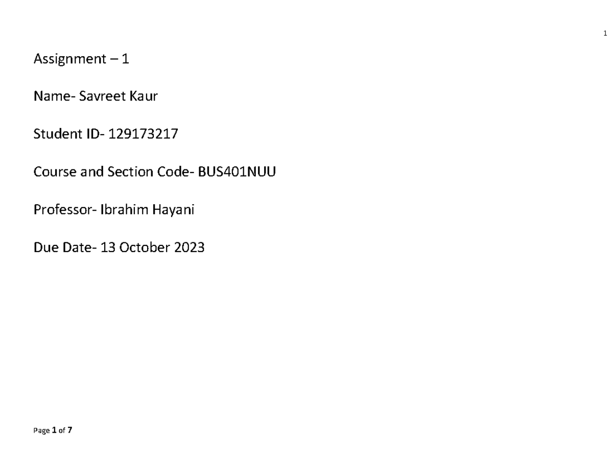 BUS401 NUU Assignment 1 - Assignment – 1 Name- Savreet Kaur Student ID ...
