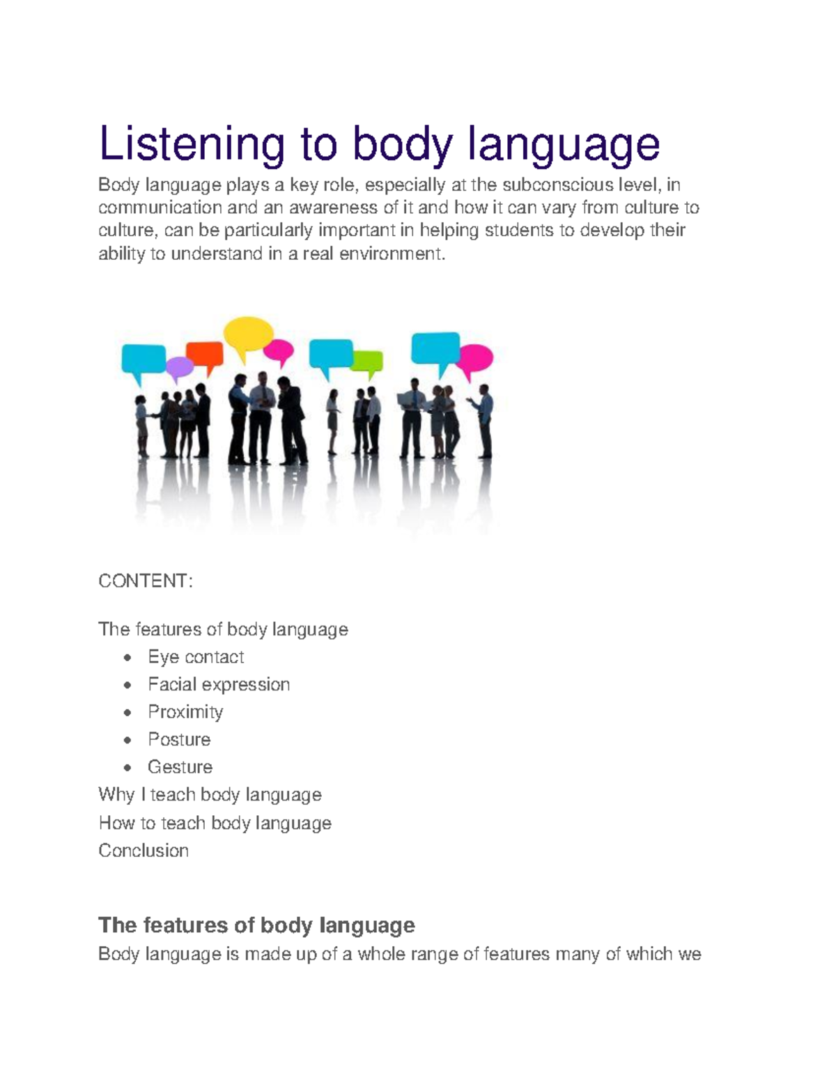 Listening to body language - CONTENT: The features of body language ...