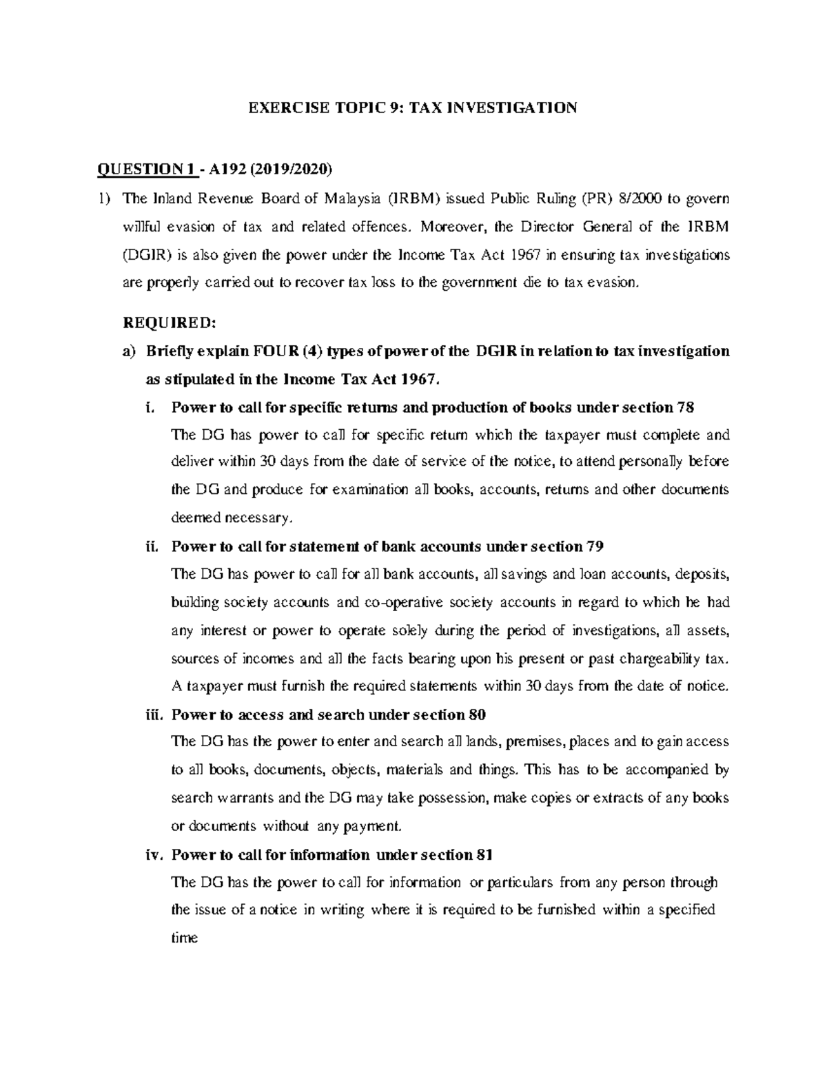 Exercise Topic 9 (with answer) - EXERCISE TOPIC 9: TAX INVESTIGATION ...