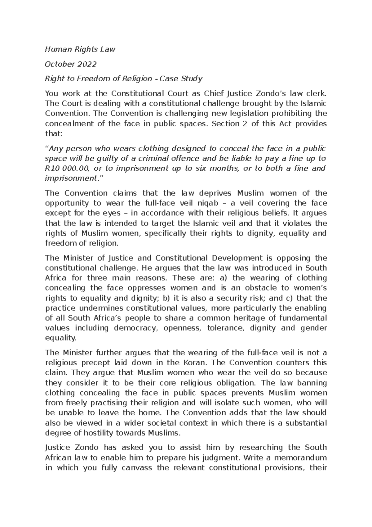 Human Rights Law Case study Religious freedom - Human Rights Law ...