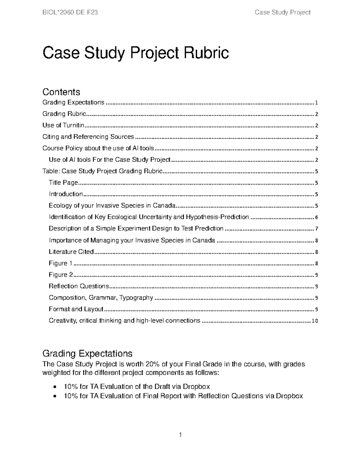 Rubric - Case Study Project - BIOL 2060 DE F23 - updated 13Oct2023 ...