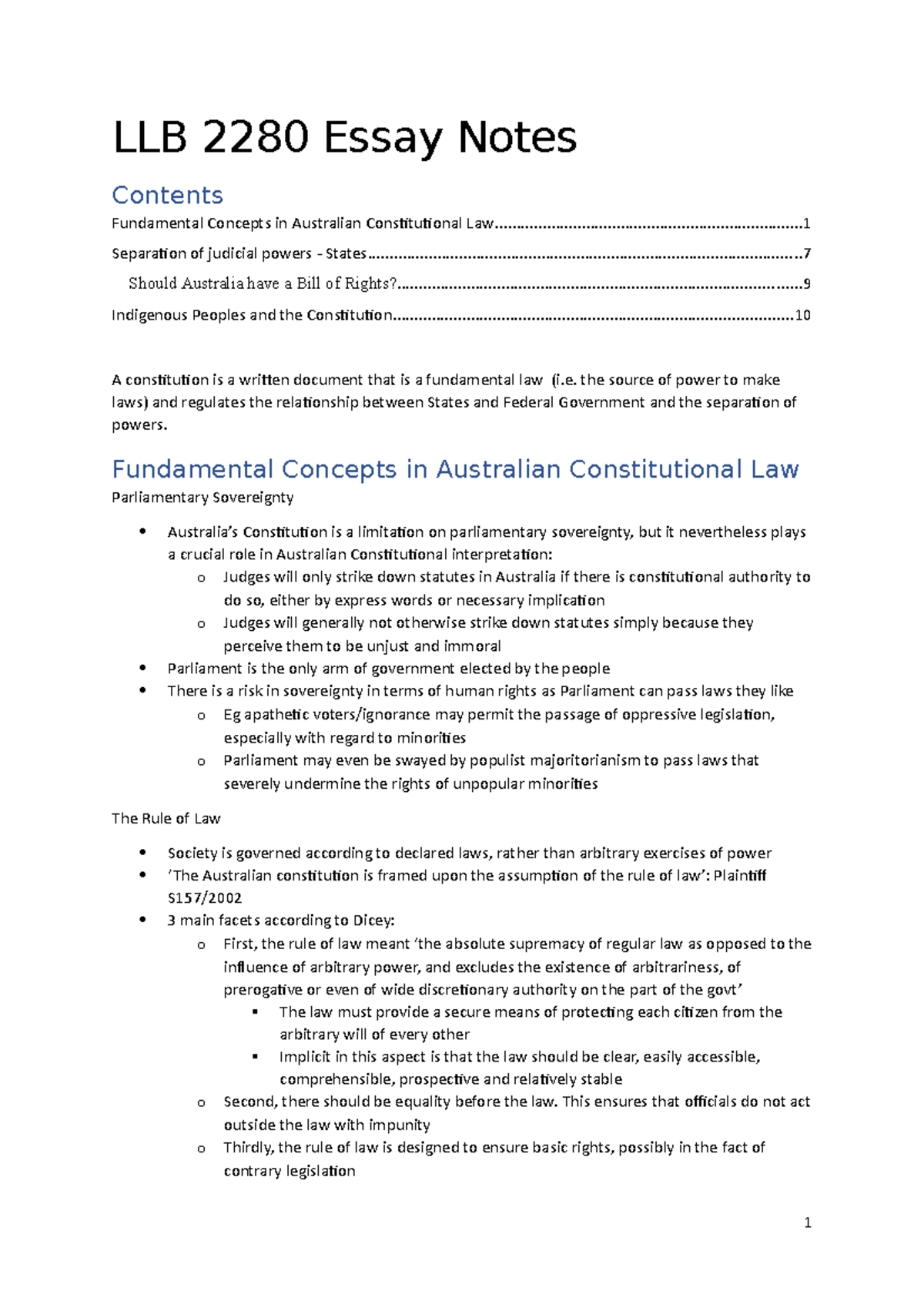LLB 2280 Essay Notes - LLB 2280 Essay Notes Contents Fundamental ...