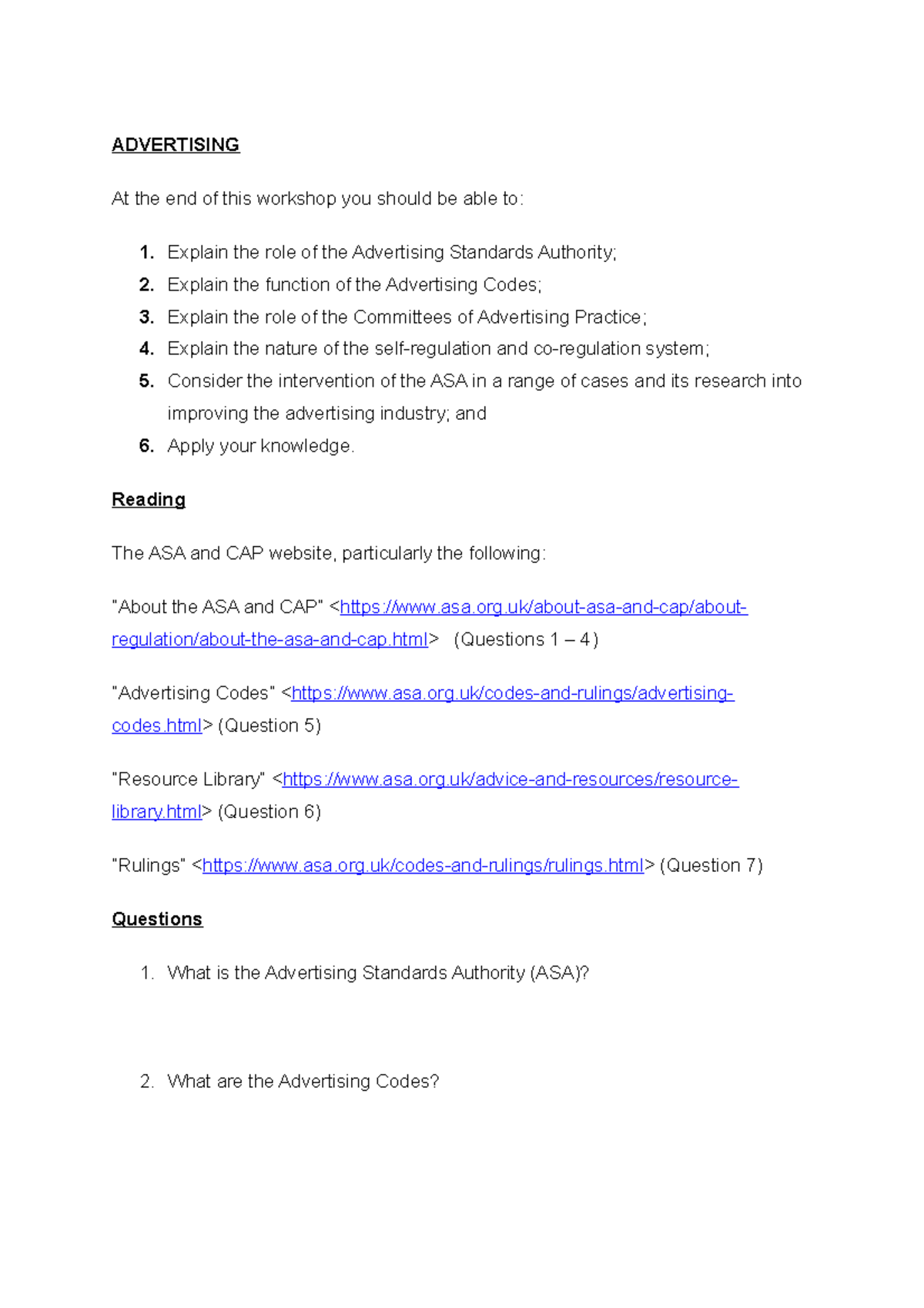 Instructions - Advertising - ADVERTISING At the end of this workshop ...