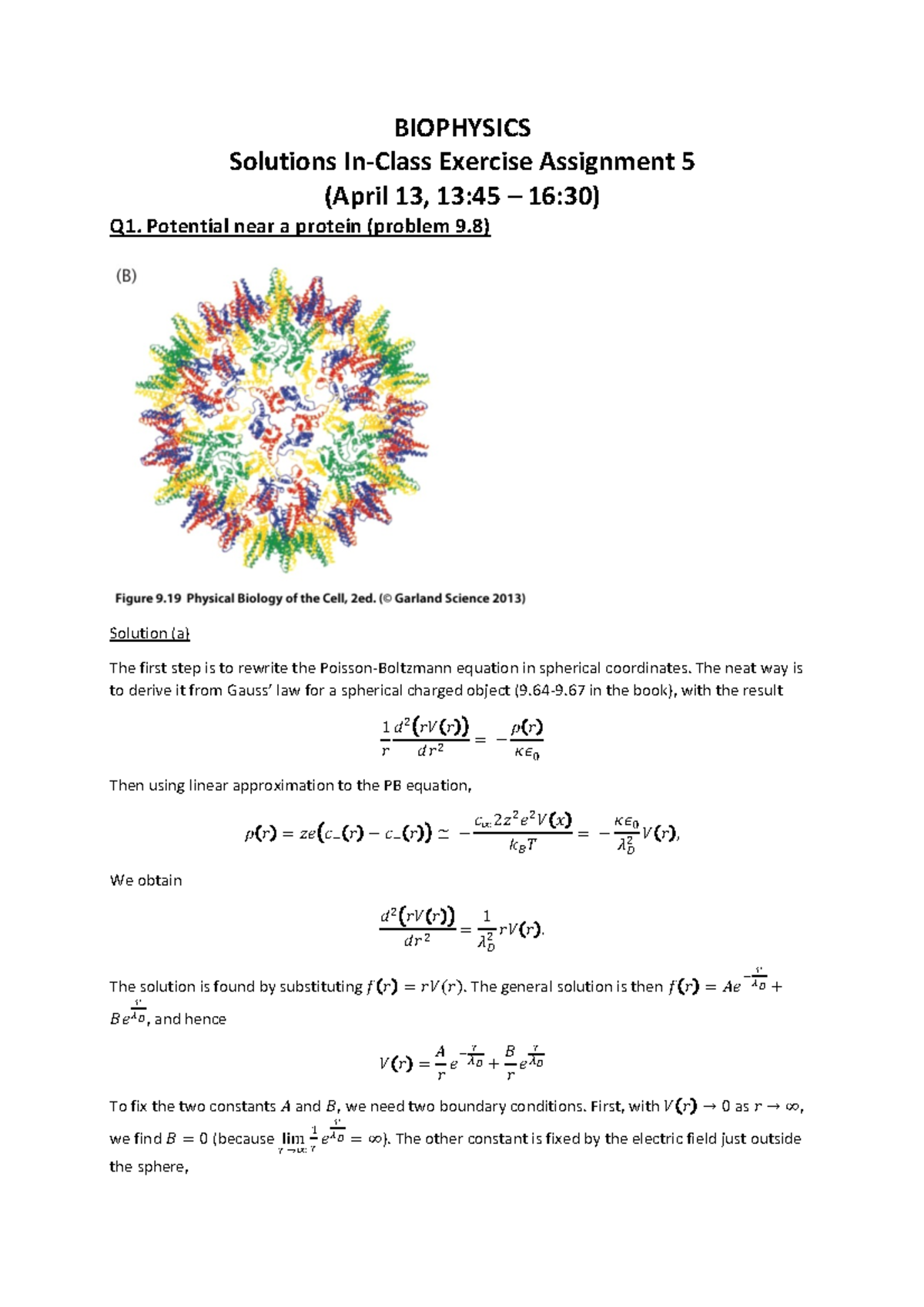 EX5 solutions v2 - BIOPHYSICS Solutions Exercise Assignment 5 (April 13 ...