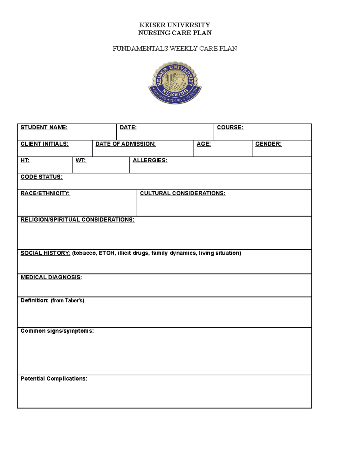 Funds Weekly CARE PLAN Template 01202023 - NURSING CARE PLAN ...