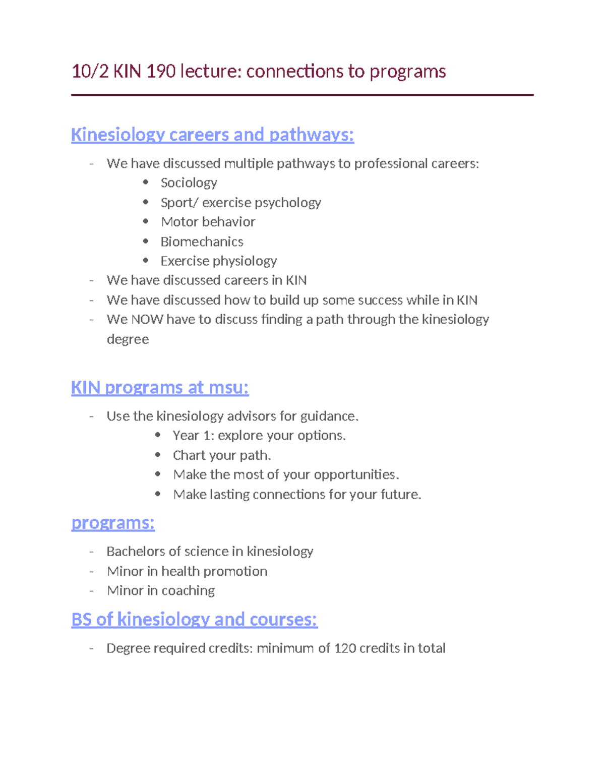 102 kin 190 lecture- connections to programs - 10/2 KIN 190 lecture ...