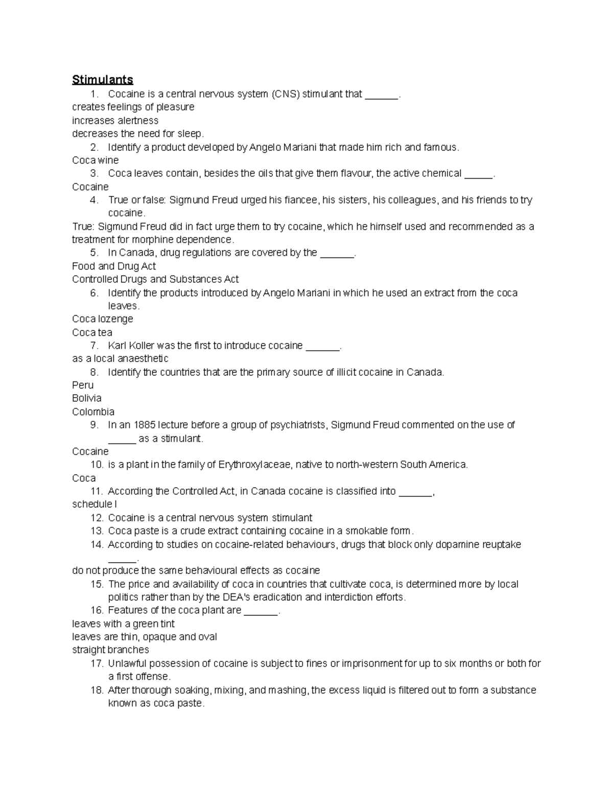 PS268 Test 3 Chapter Questions - Stimulants Cocaine is a central ...