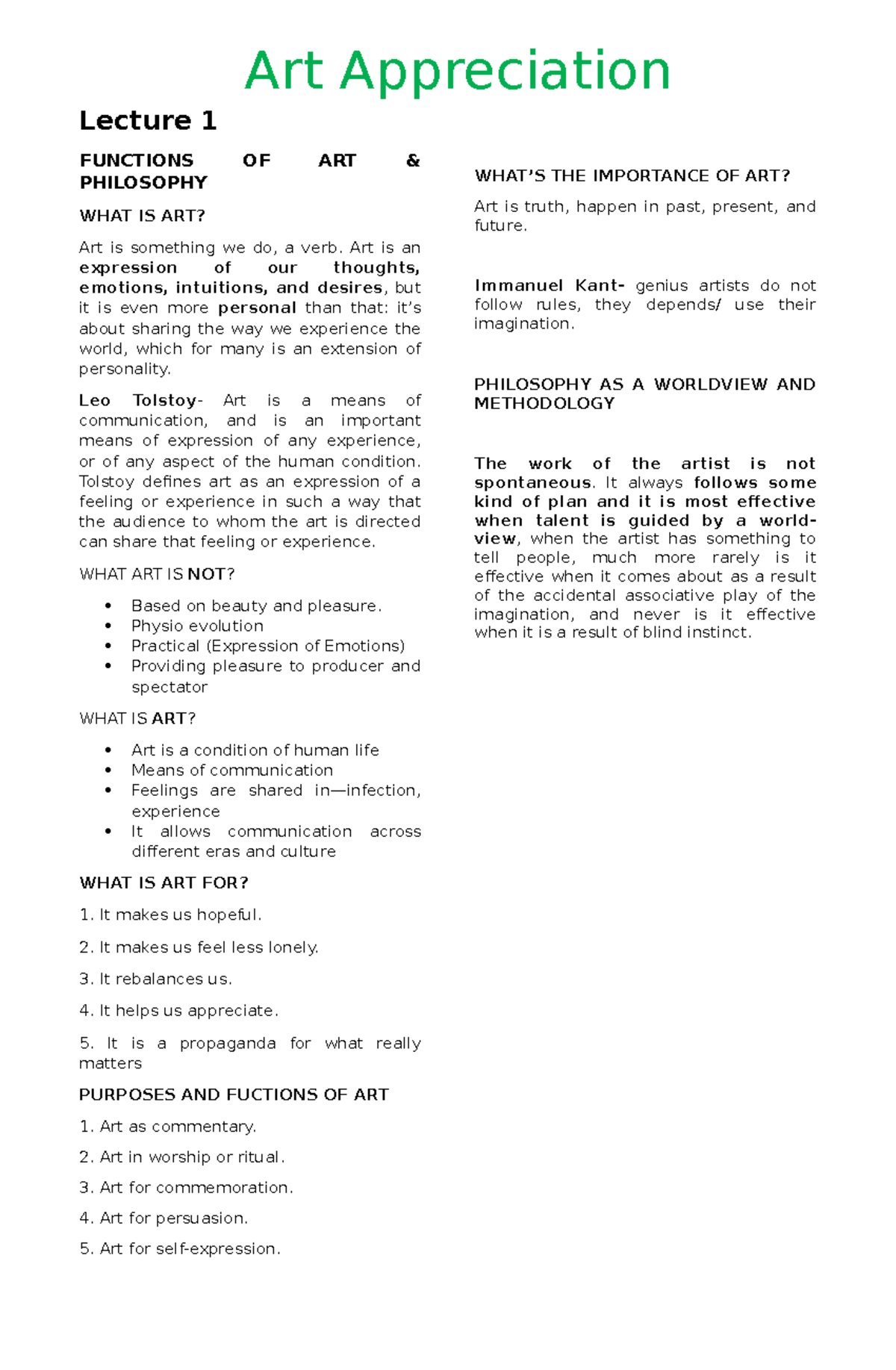 Reviewer ART Appreciation - Lecture 1 FUNCTIONS OF ART & PHILOSOPHY WHAT IS ART? Art is - Studocu