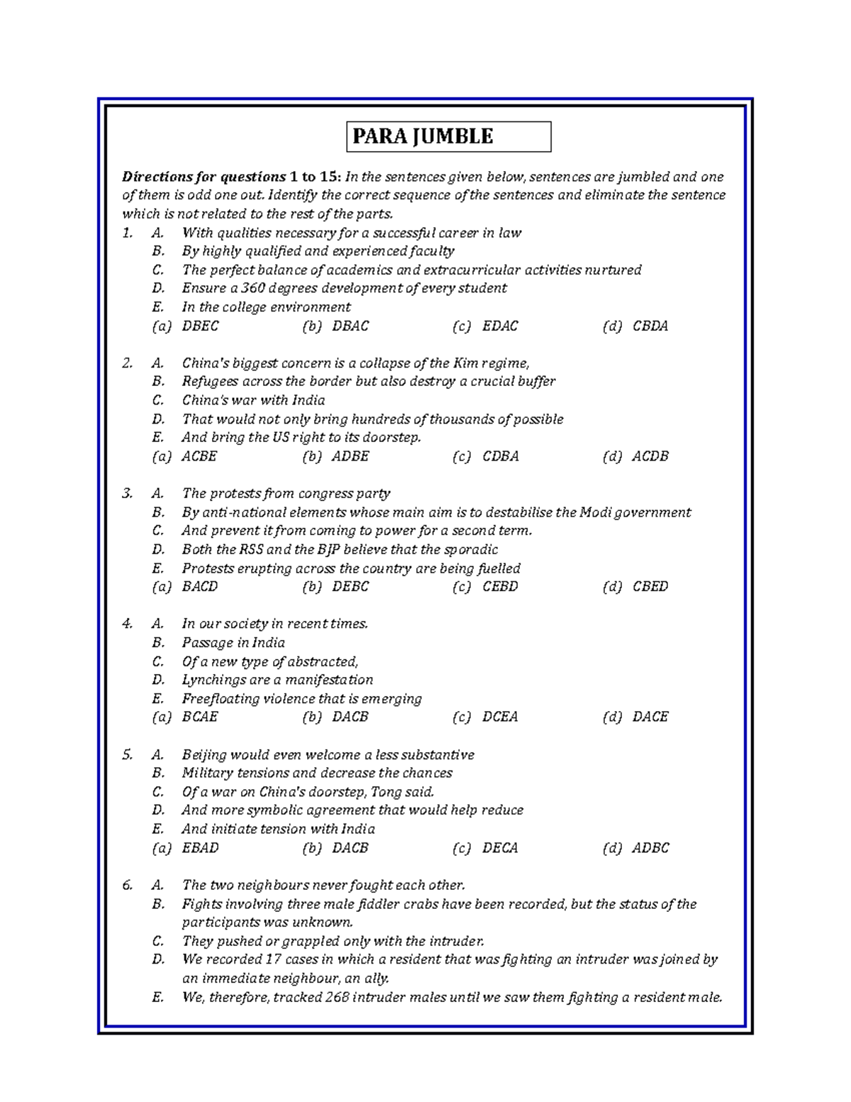 Para Jumble for practice - PARA JUMBLE Directions for questions 1 to 15: In the sentences given ...