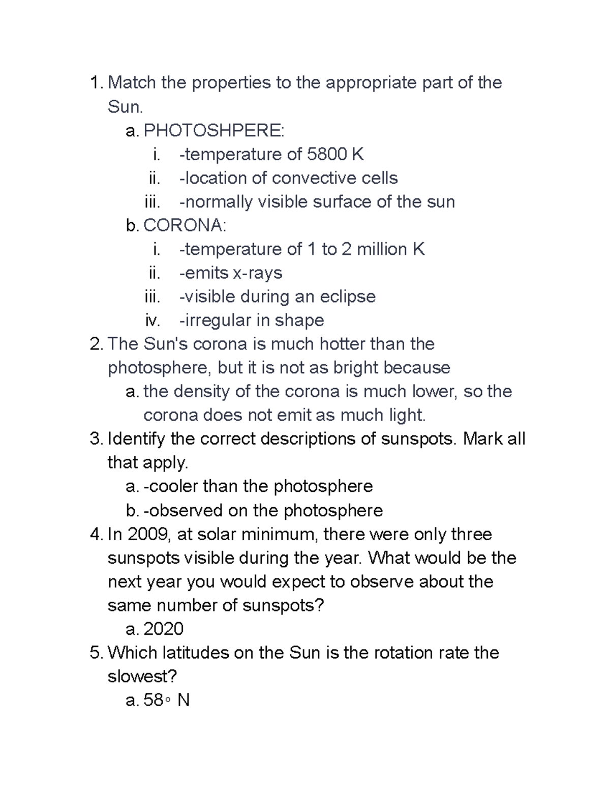 Hw #7 The sun-2 - notes/ assignment - Match the properties to the ...