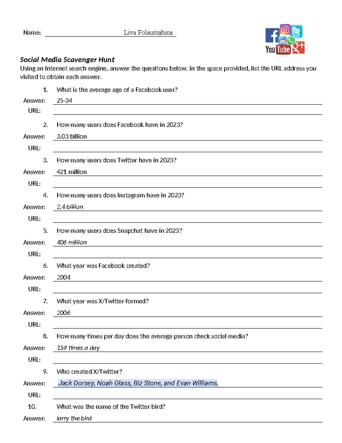 Copy of Social Media Scavenger Hunt - Name: Liva Folaumahina Social ...