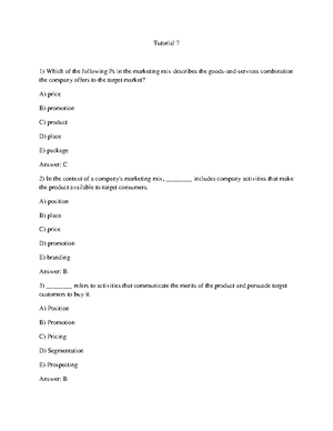 Tutorial 4 - questions - Principles of Marketing: Tutorial (4) Chapter ...