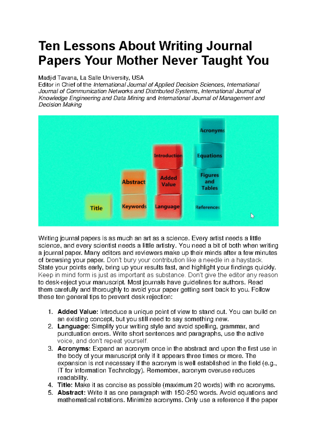 Ten lessons about writing journal papers - Ten Lessons About Writing ...