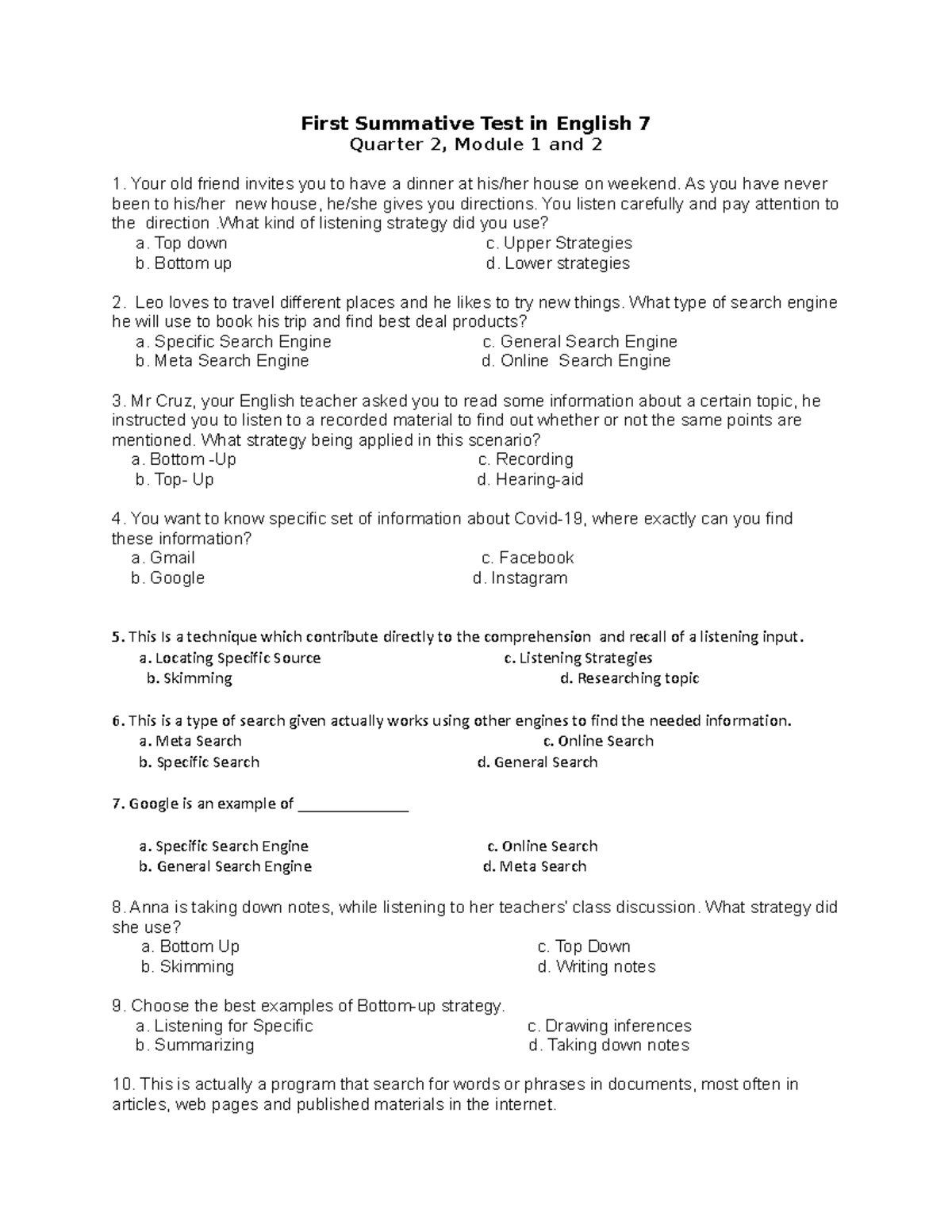2nd quarter - SAMPLE SUMMATIVE TEST - First Summative Test in English 7 ...