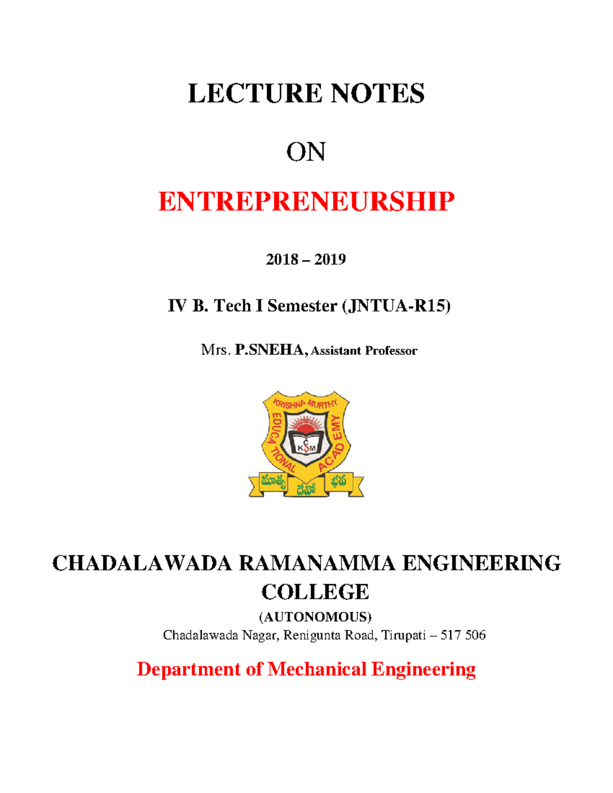 Entreprenuer ship - notes - LECTURE NOTES ON ENTREPRENEURSHIP 2018 ...