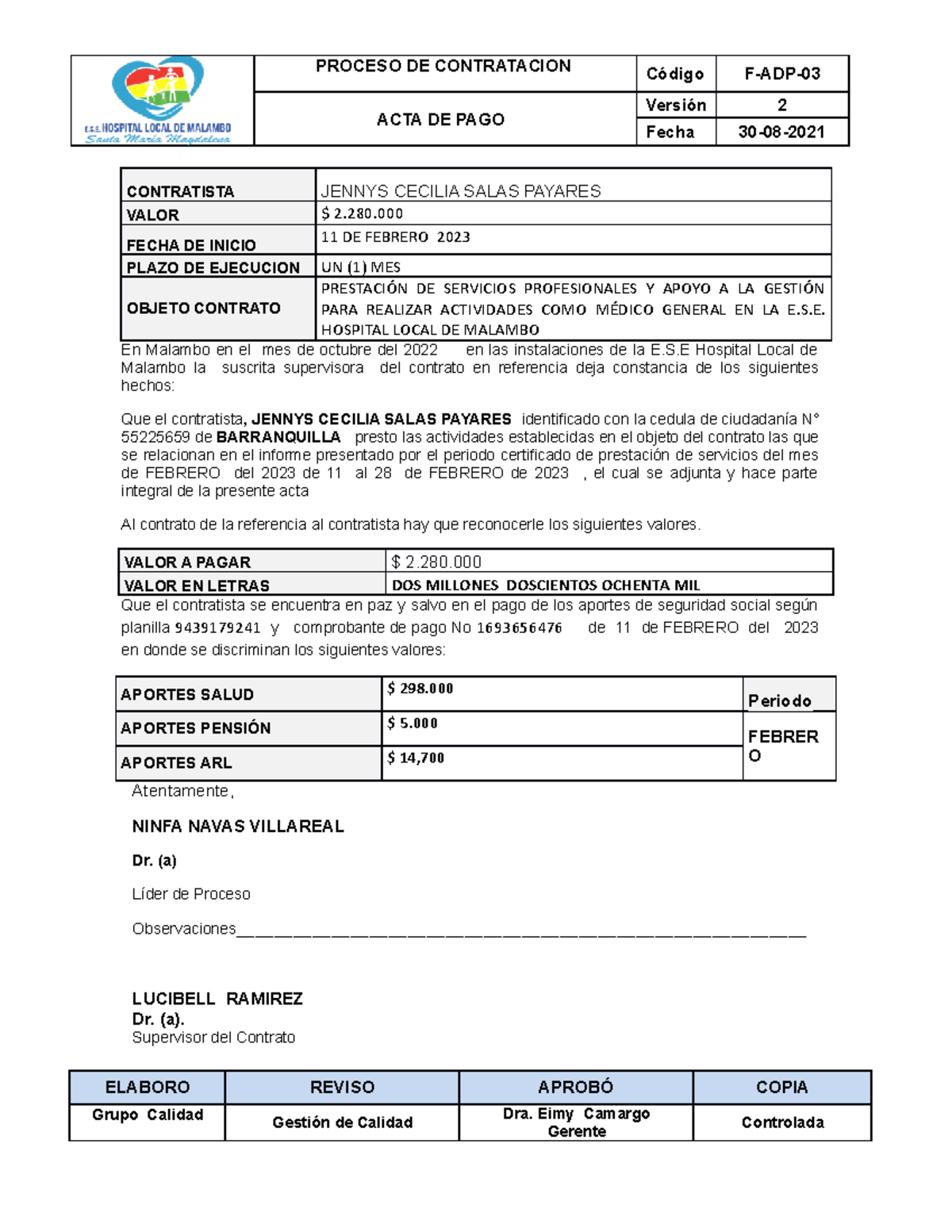 ACTA DE PAGO HLM - Isupervisionjennys Salas - PROCESO DE CONTRATACION Código F-ADP- ACTA DE PAGO ...