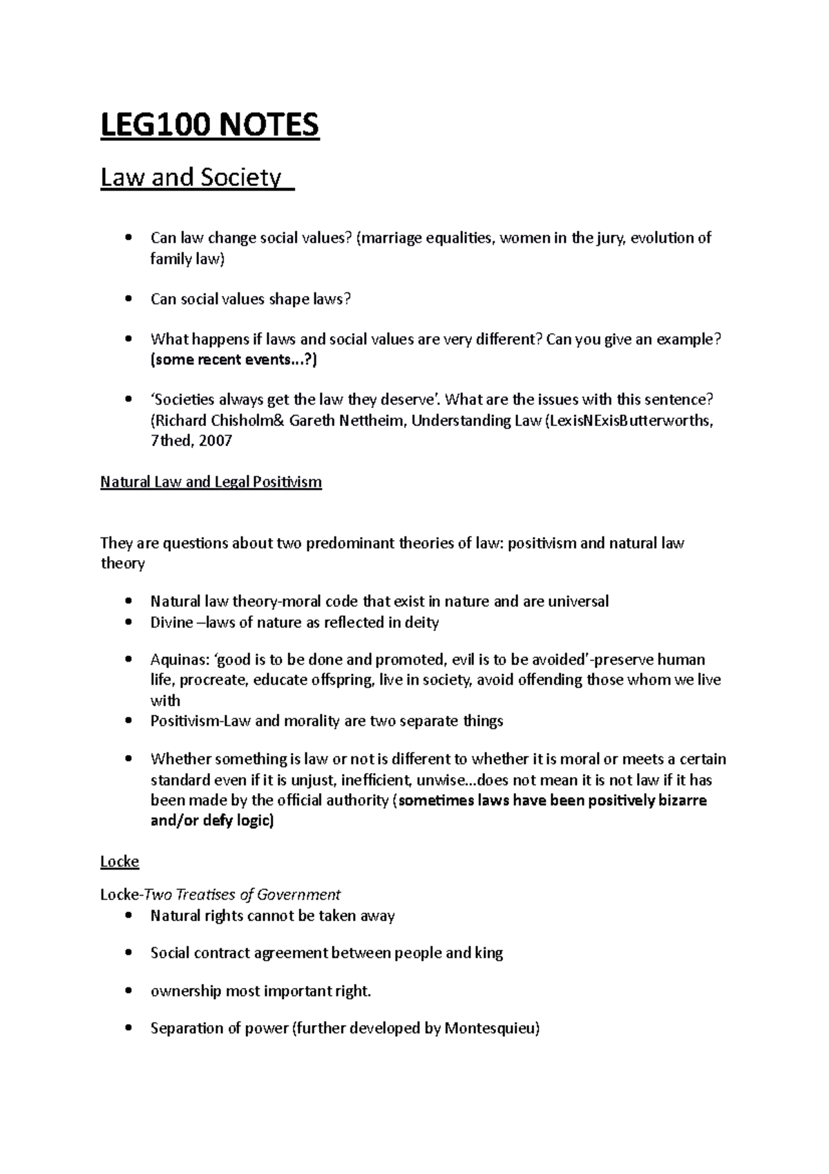 LEG100 Notes - LEG100 NOTES Law and Society Can law change social ...