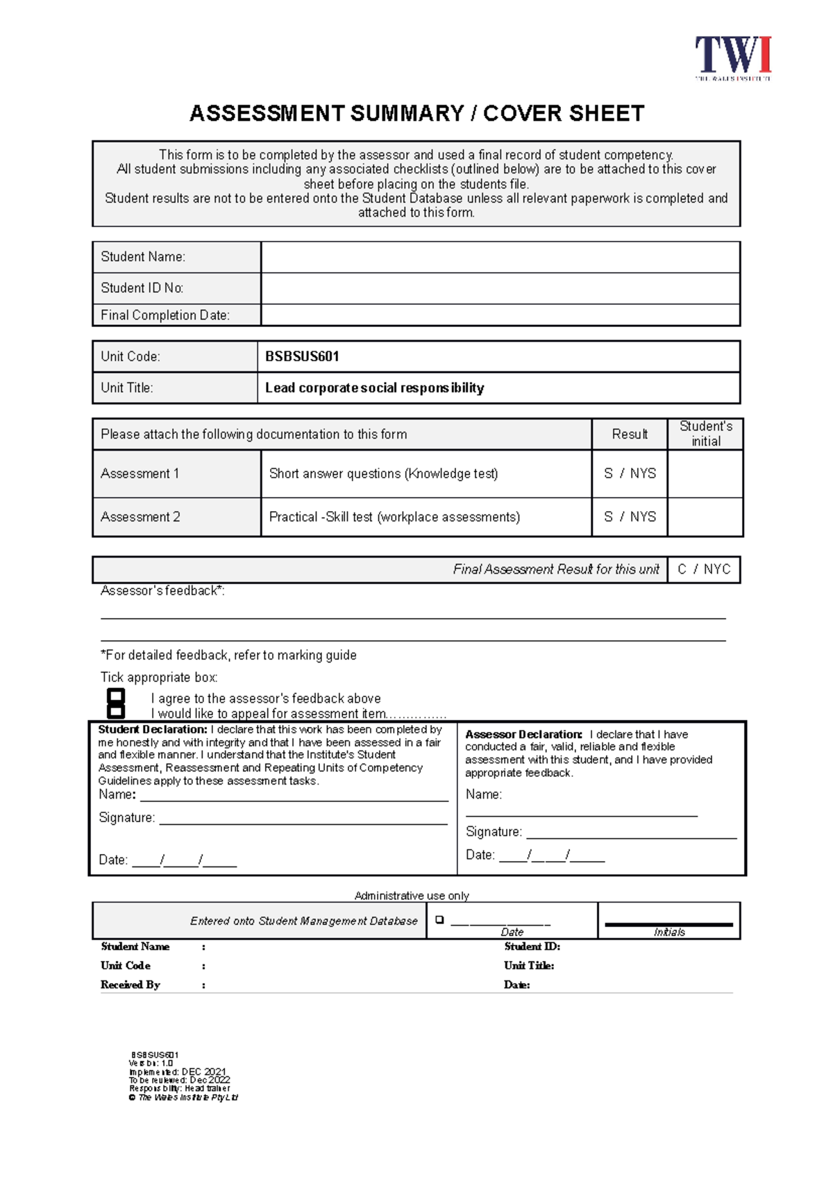 2. Bsbsus 601 Assessment Summary Cover Sheet - ASSESSMENT SUMMARY ...