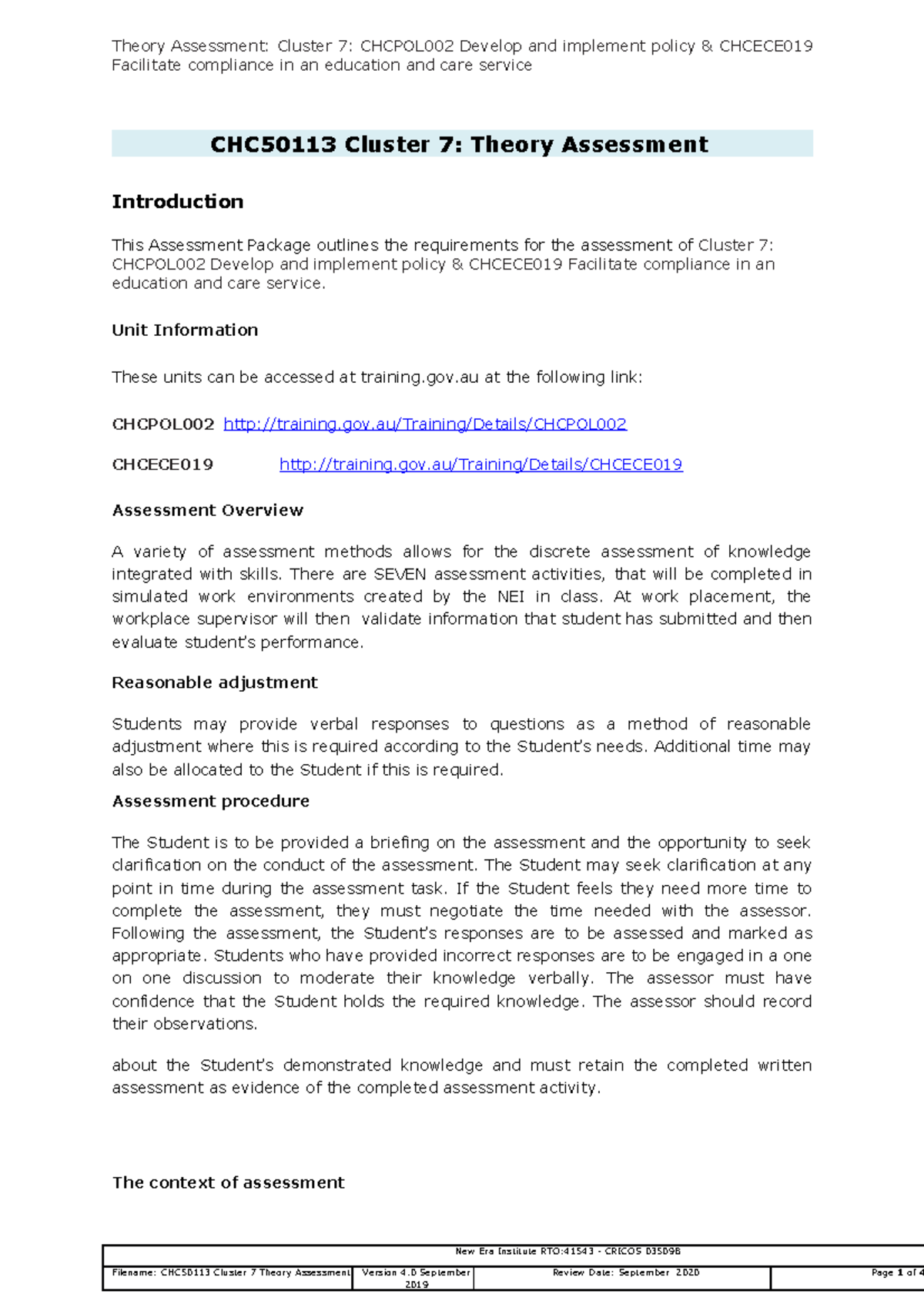 CHC50113 Cluster 7- workbook assessment - Theory Assessment: Cluster 7 ...