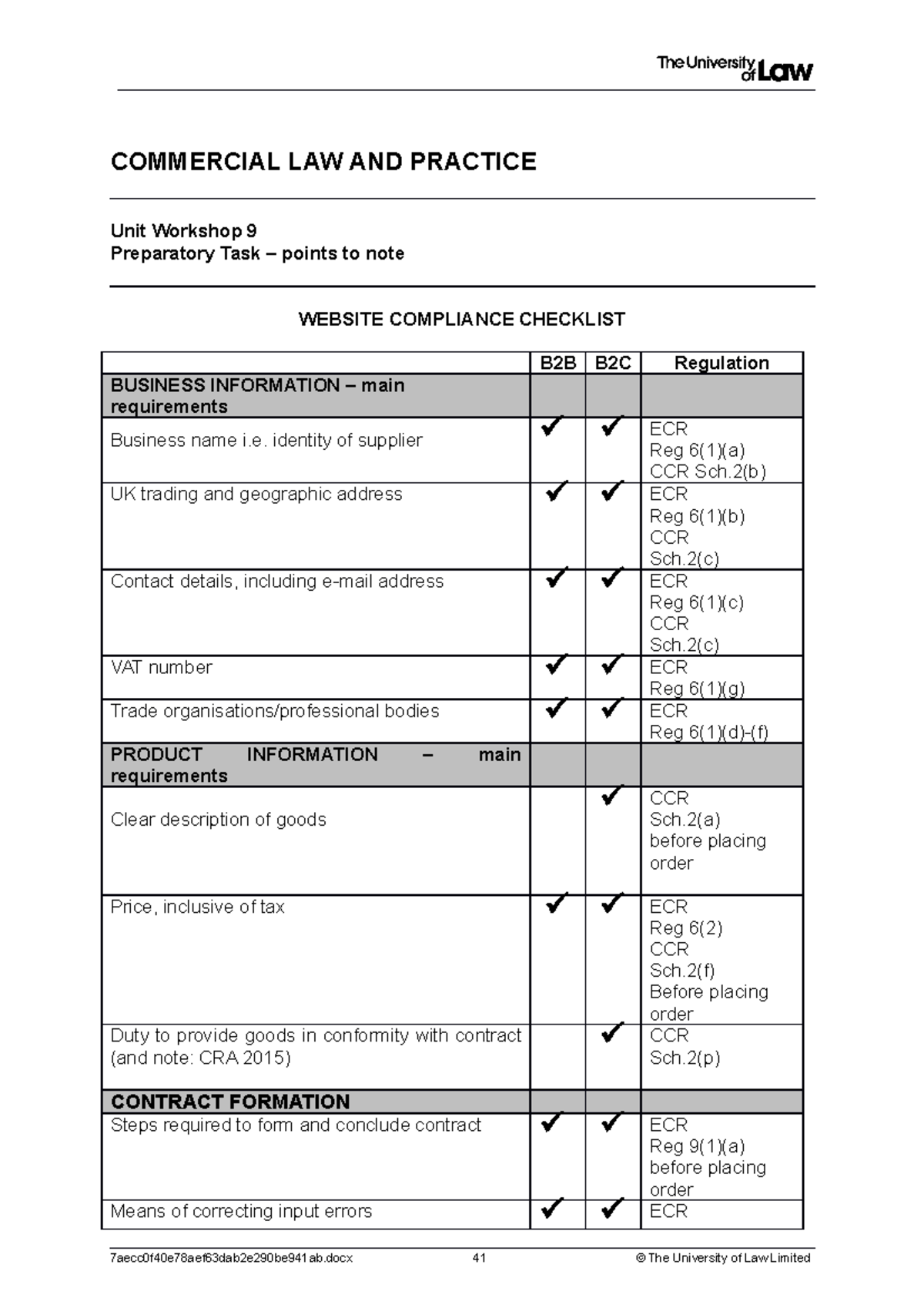 Prep task example - COMMERCIAL LAW AND PRACTICE Unit Workshop 9 ...
