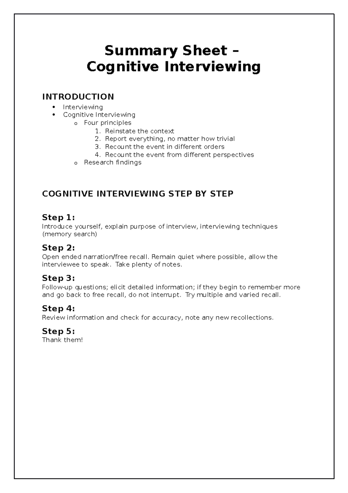 Summary Sheet Cog Interviewing - Summary Sheet – Cognitive Interviewing ...