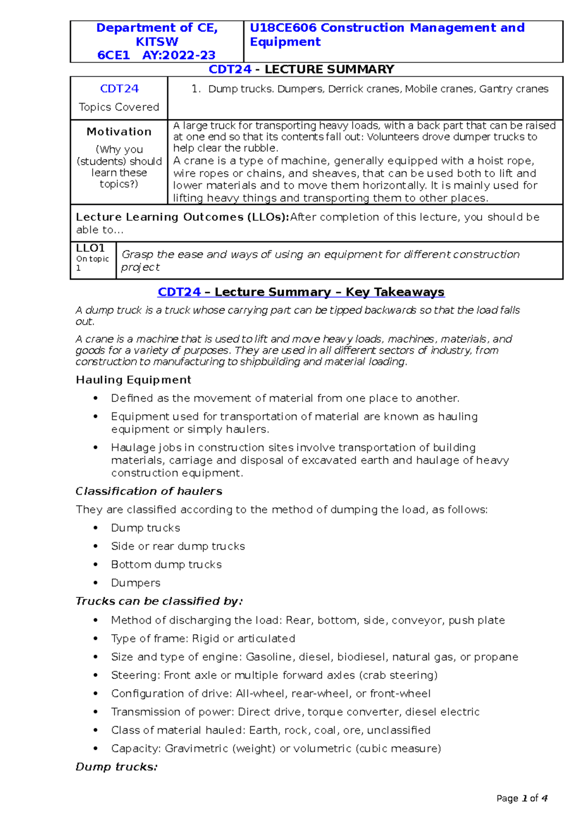 CME 6 - Notes - KITSW 6CE1 AY:2022- Equipment CDT24 - LECTURE SUMMARY ...