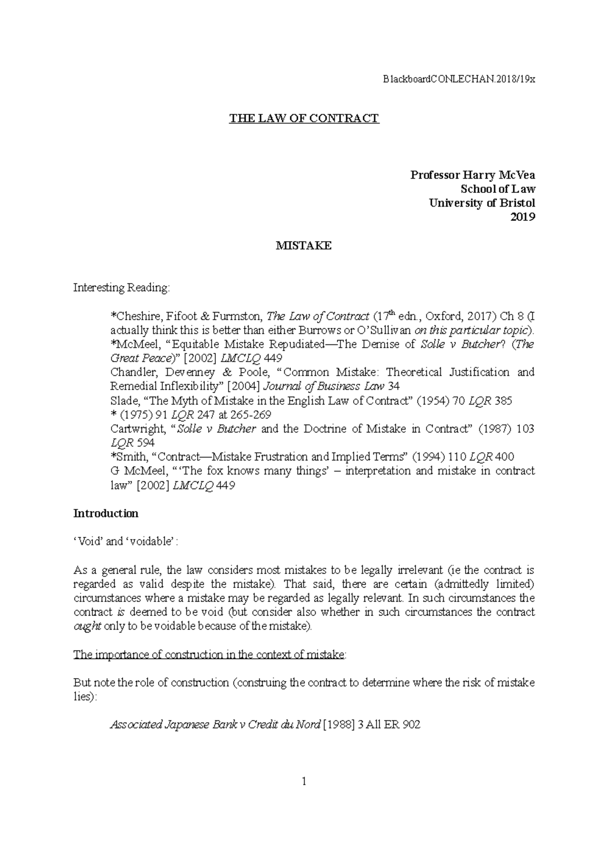 Lecture 14-16 mistake - BlackboardCONLECHAN/19x THE LAW OF CONTRACT Professor Harry McVea School ...