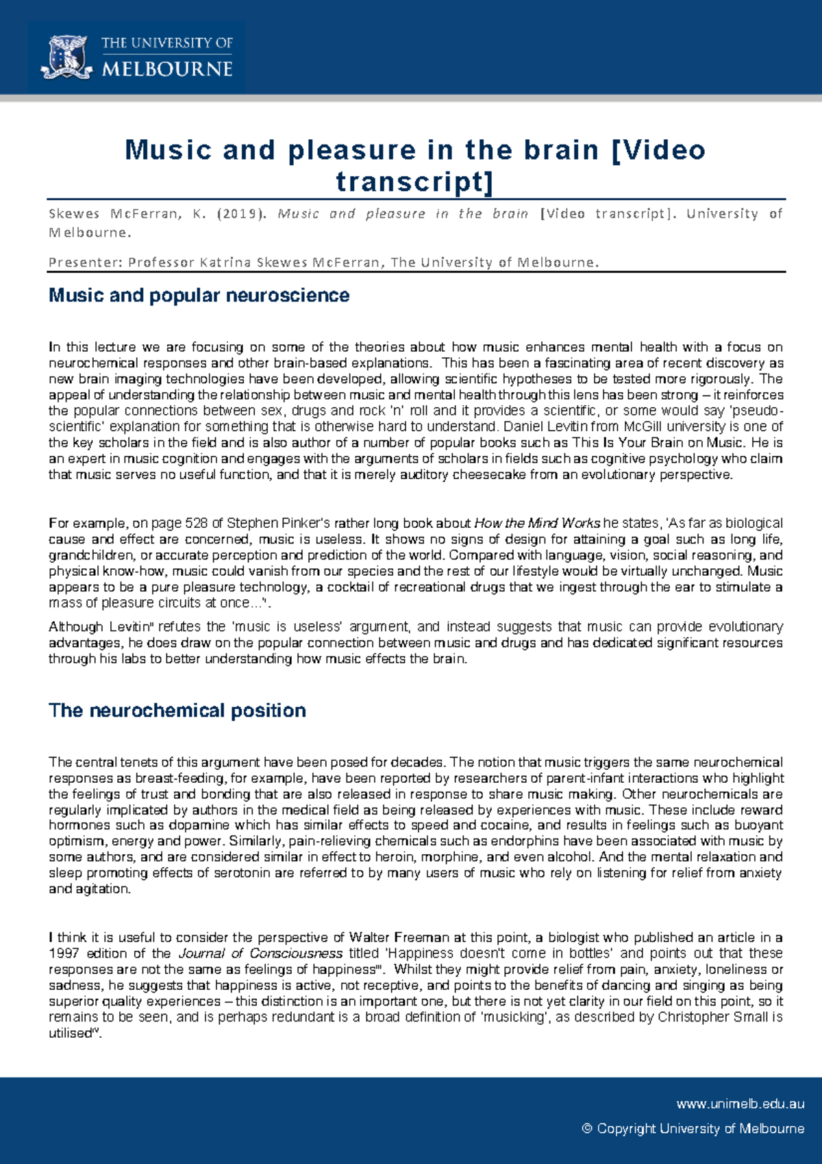 MUSI2015 0 Music and pleasure in the brain - Video transcript - unimelb ...