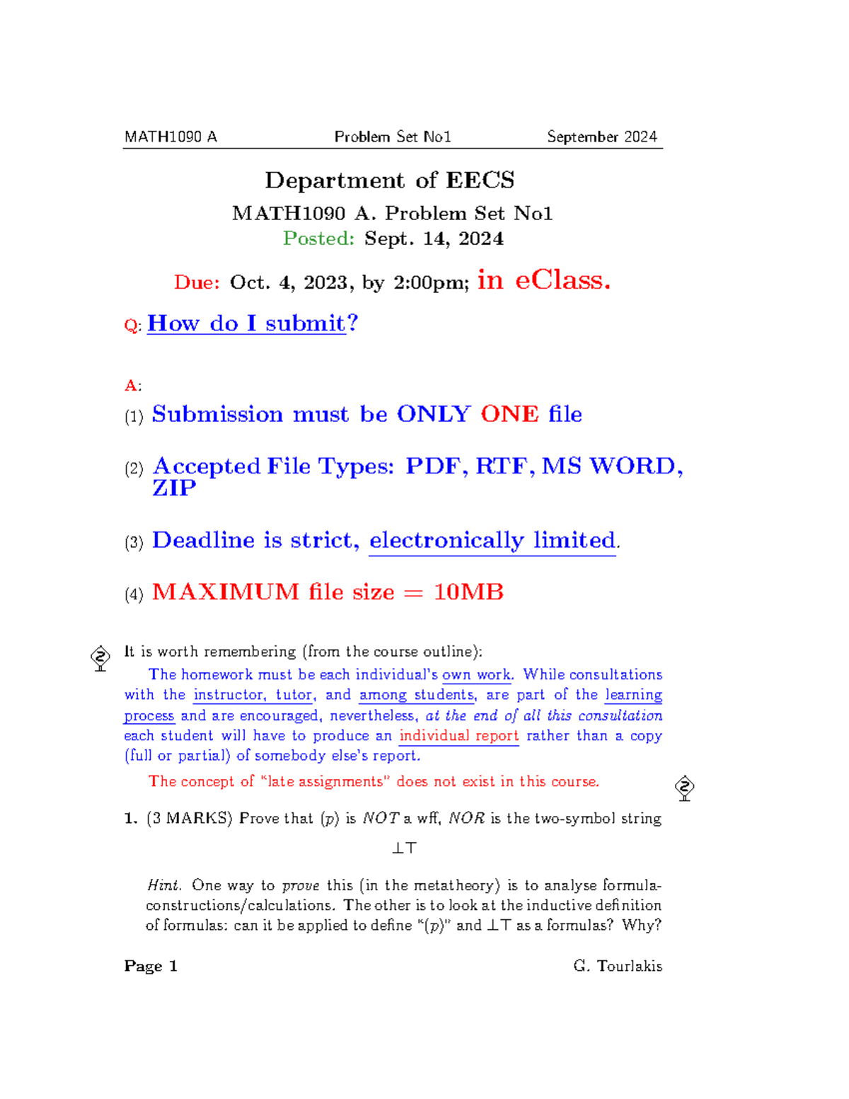 Math 1090 1 - assignment 1 - MATH1090 A Problem Set No1 September 2024 ...