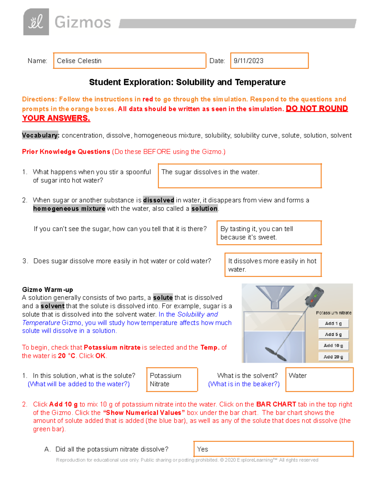 Solubility and Temperature Portfolio - Name: Celise Celestin Date: 9/11 ...