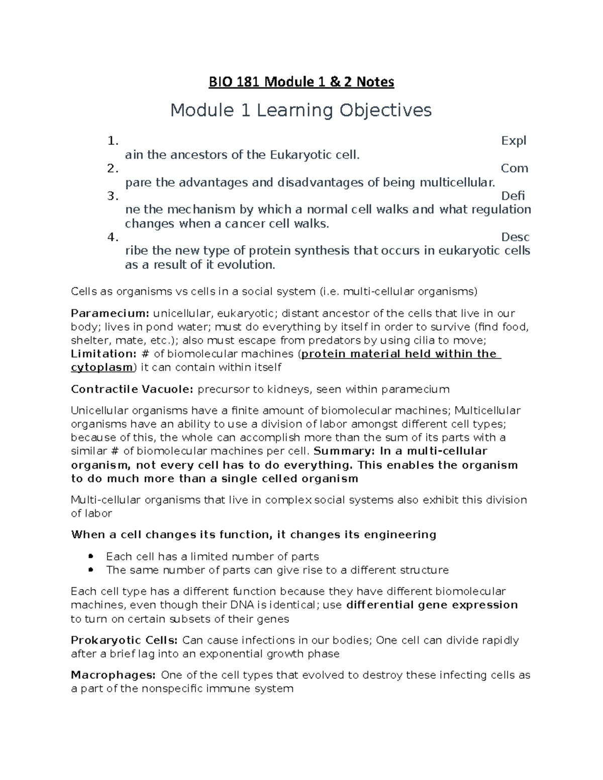 BIO 181 Module 1&2 - Notes - BIO 181 Module 1 & 2 Notes Module 1 ...