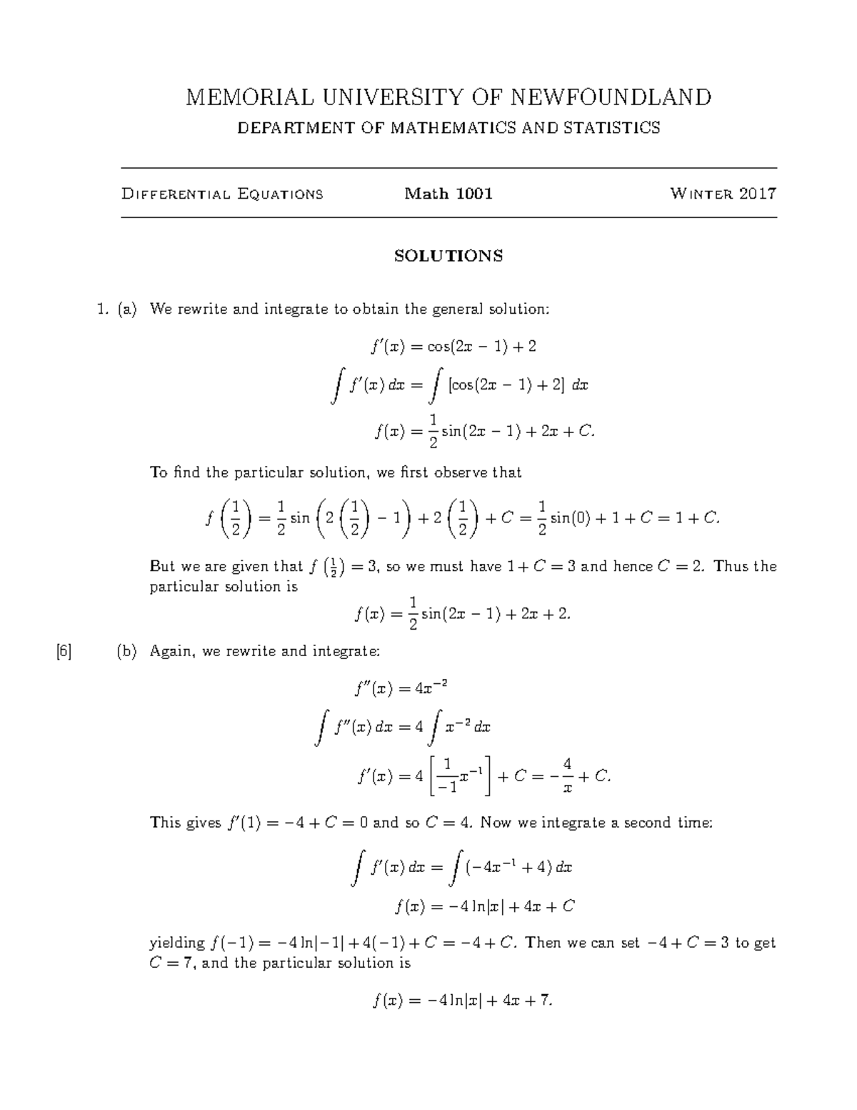 Solutions - Worksheet on Differential Equations - MEMORIAL UNIVERSITY ...