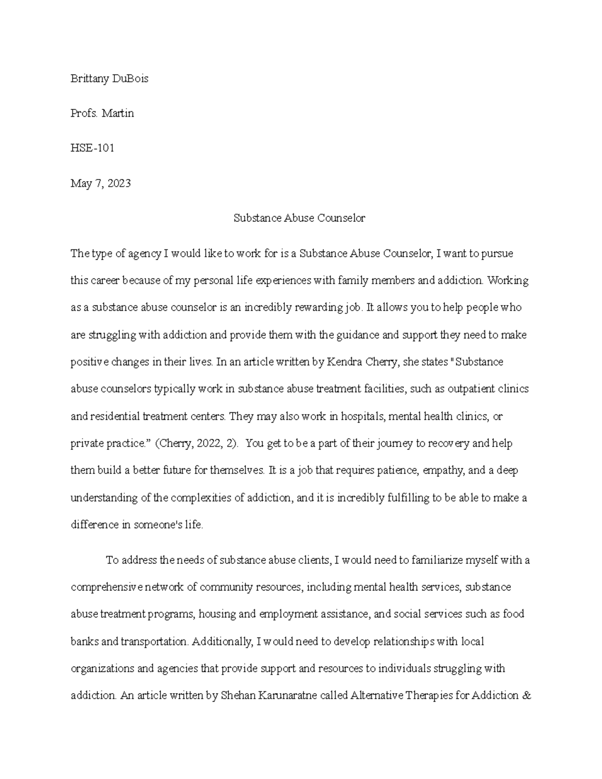 1-2 Journal HSE-101 - Brittany DuBois Profs. Martin HSE- May 7, 2023 ...