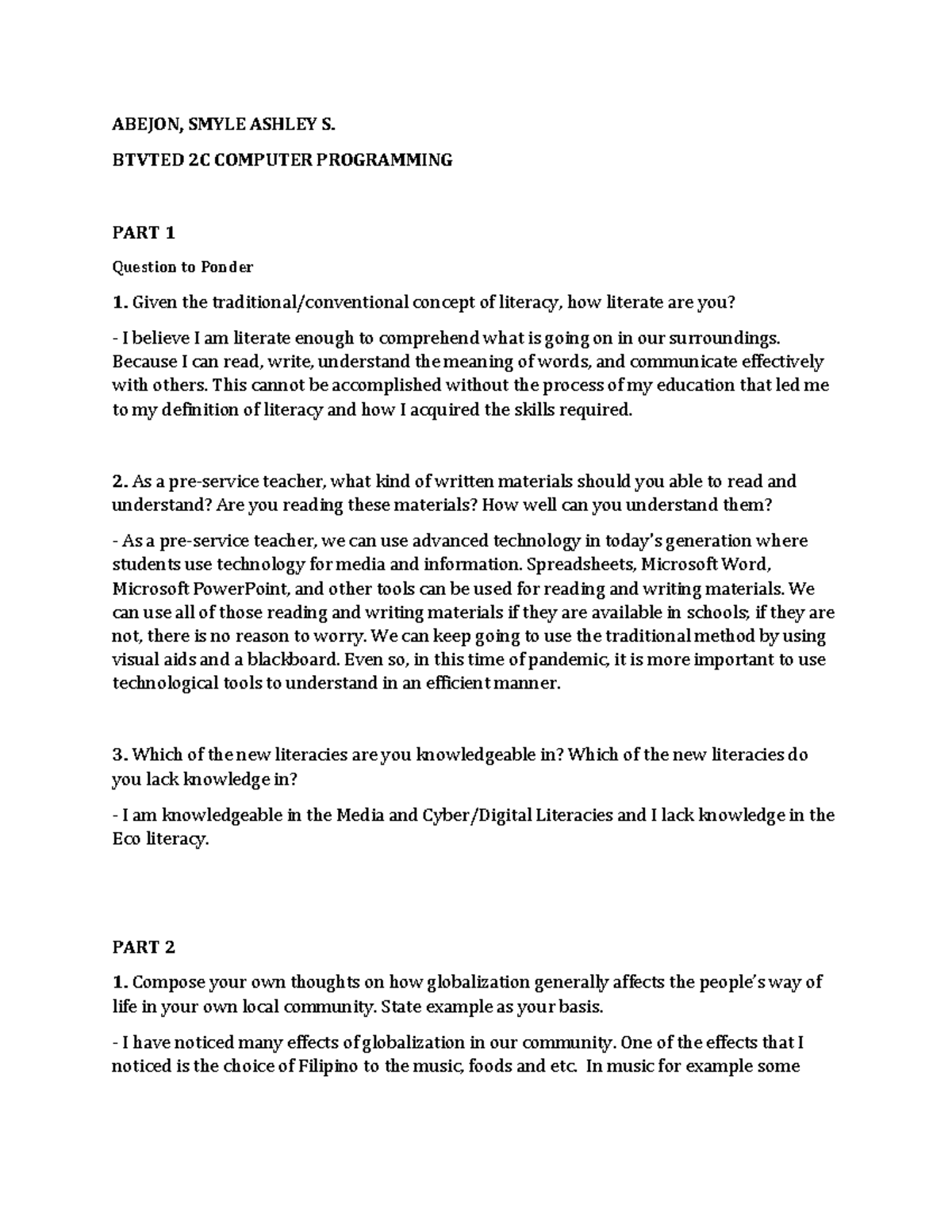 Activity no. 2 ( Abejon) - ABEJON, SMYLE ASHLEY S. BTVTED 2C COMPUTER ...