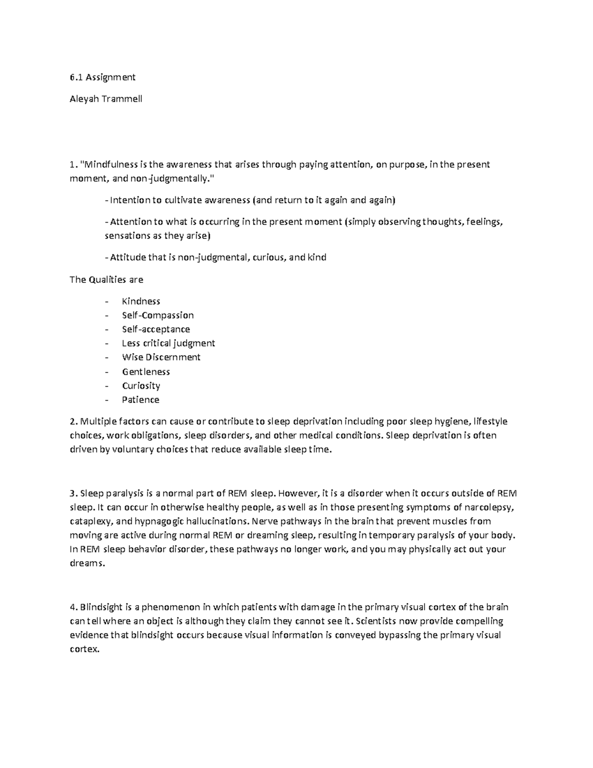 6.1 By Aleyah Trammell - Assignment Questions for Module 6 Consciousness - 6 Assignment Aleyah ...