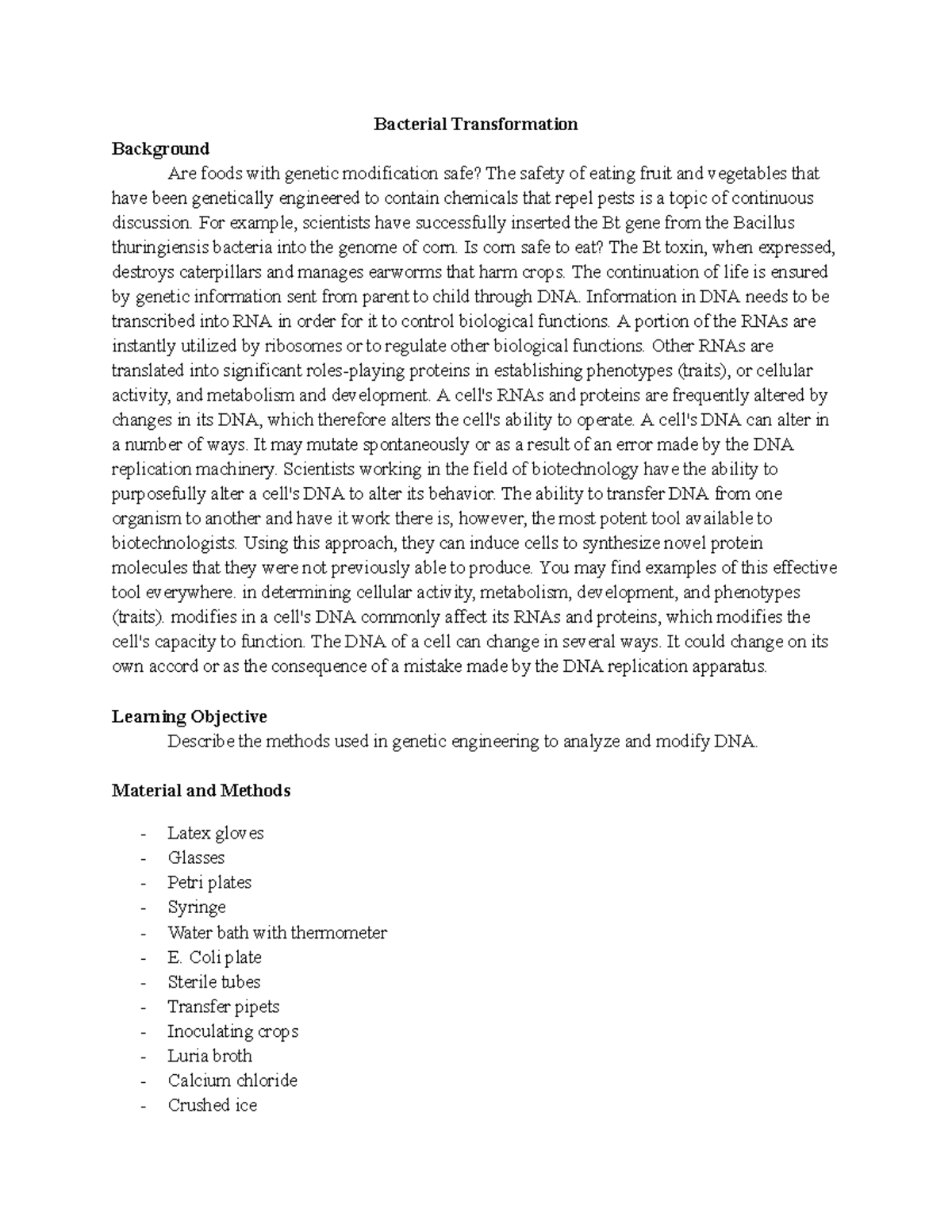Bacterial Transformation - Bacterial Transformation Background Are ...