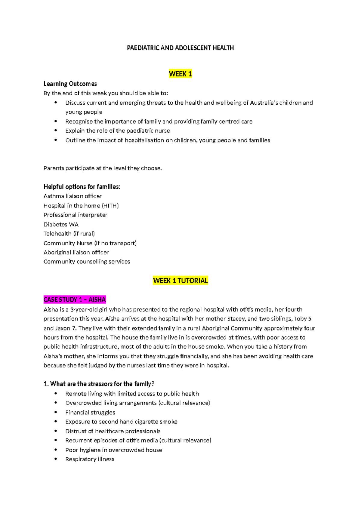 Paediatric AND Adolescent Health Notes - PAEDIATRIC AND ADOLESCENT ...