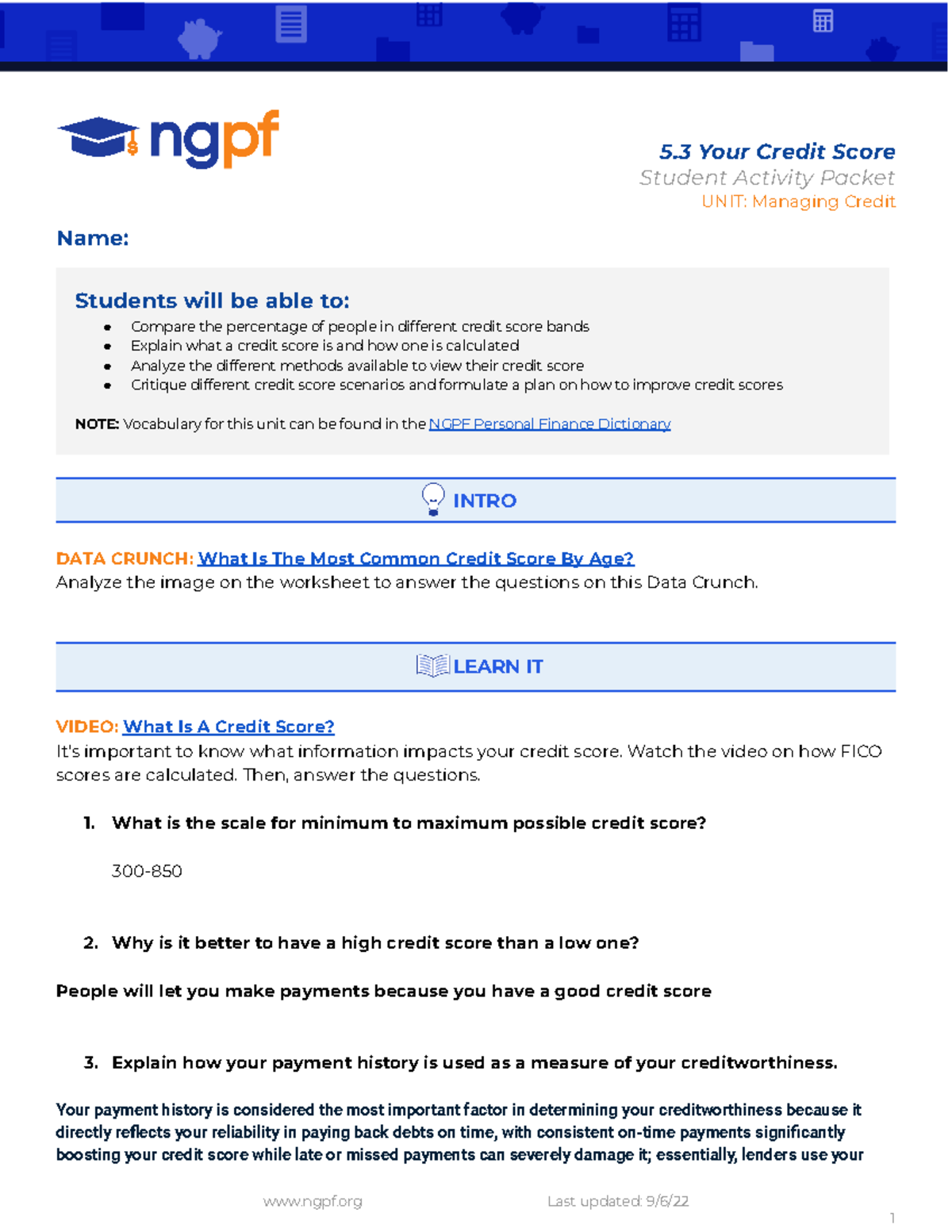 Angel Estrada - Your Credit Score Student Activity Packet - 5 Your ...