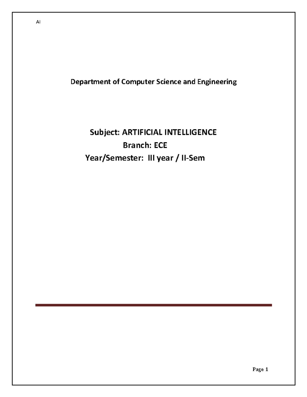 AI-unit1 - artifical intelligence - Department of Computer Science and Engineering Subject ...