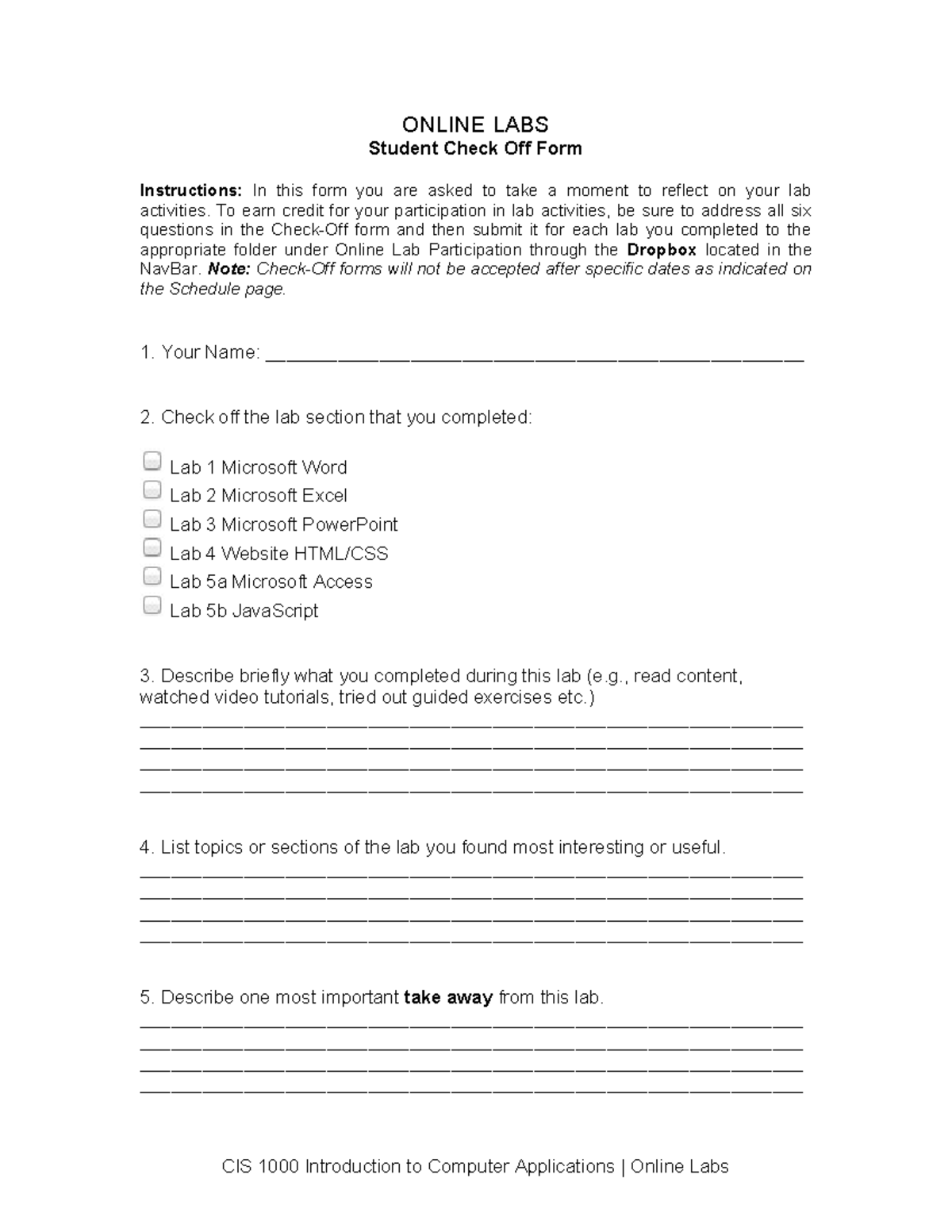 Lan check off form outline - CIS 1000 Introduction to Computer ...