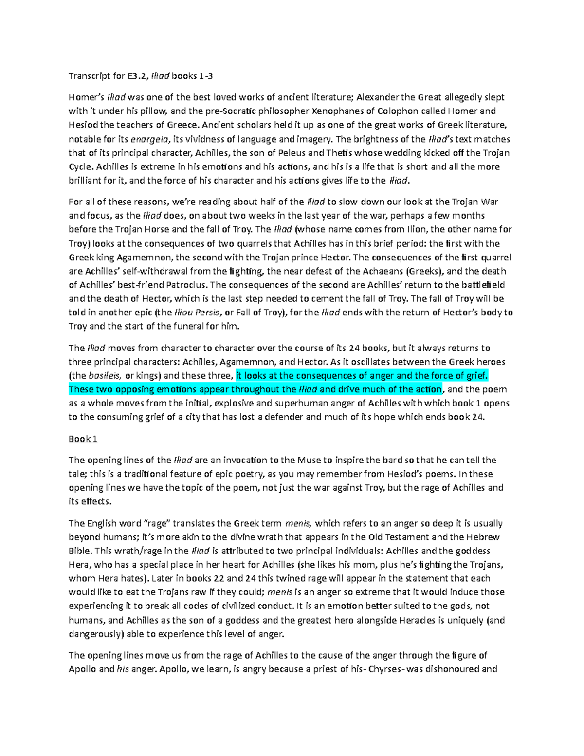 CLAS 102 Unit 3 Lecture 2 - Transcript for E3, Iliad books 1- Homer’s ...