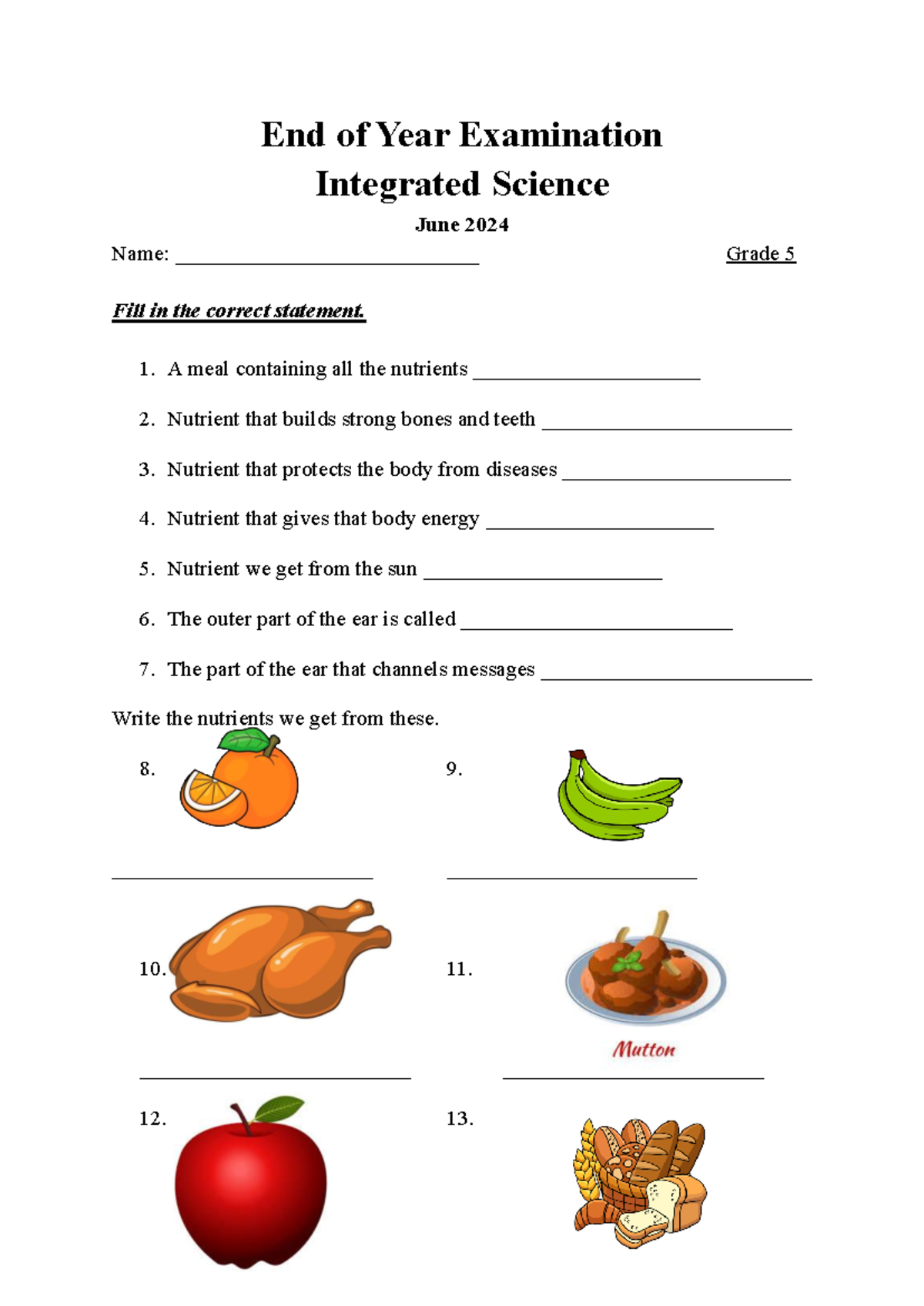 Grade 5 science - worksheet - End of Year Examination Integrated ...