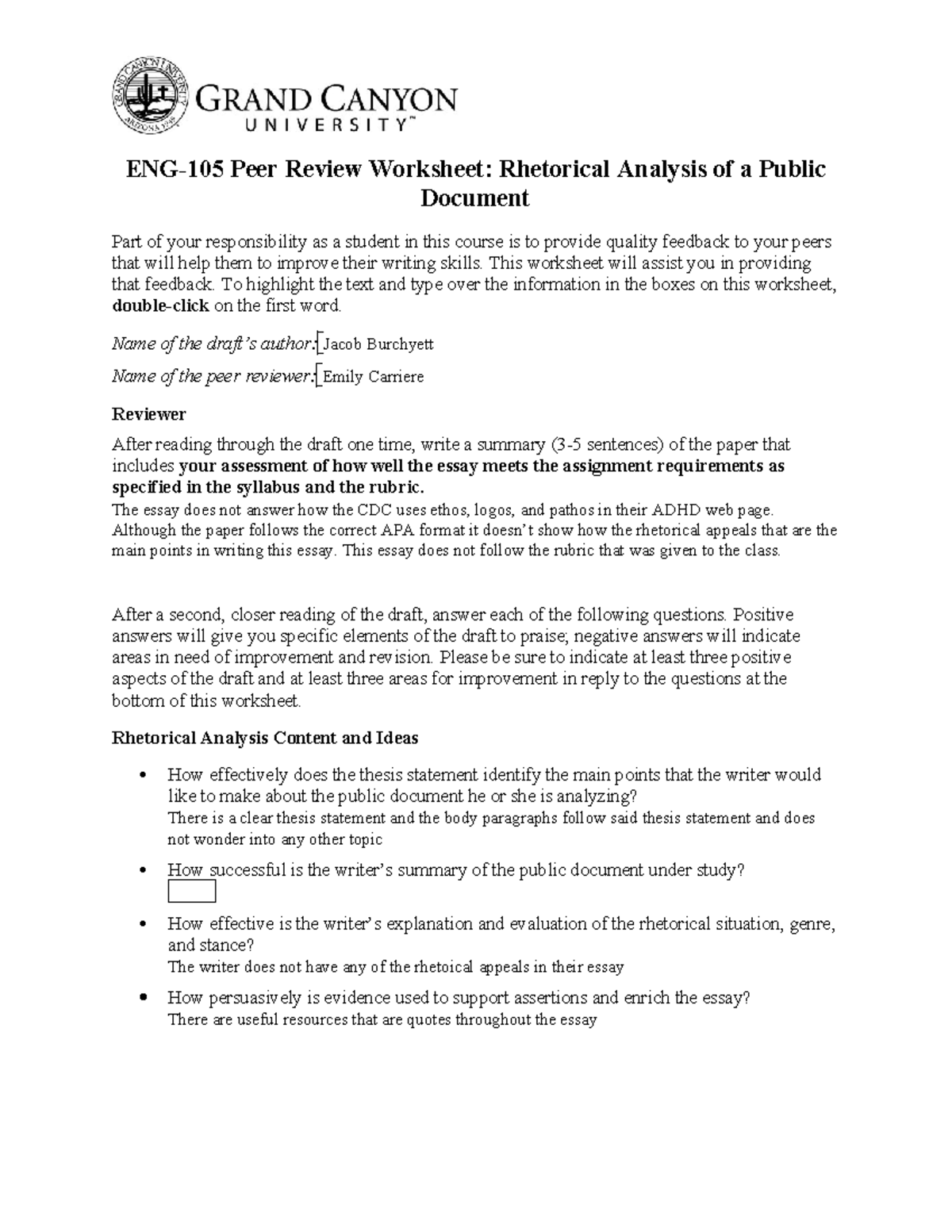 ENG105 Rhetorical Analysis Peer Review Worksheet DONE - ENG-105 Peer ...
