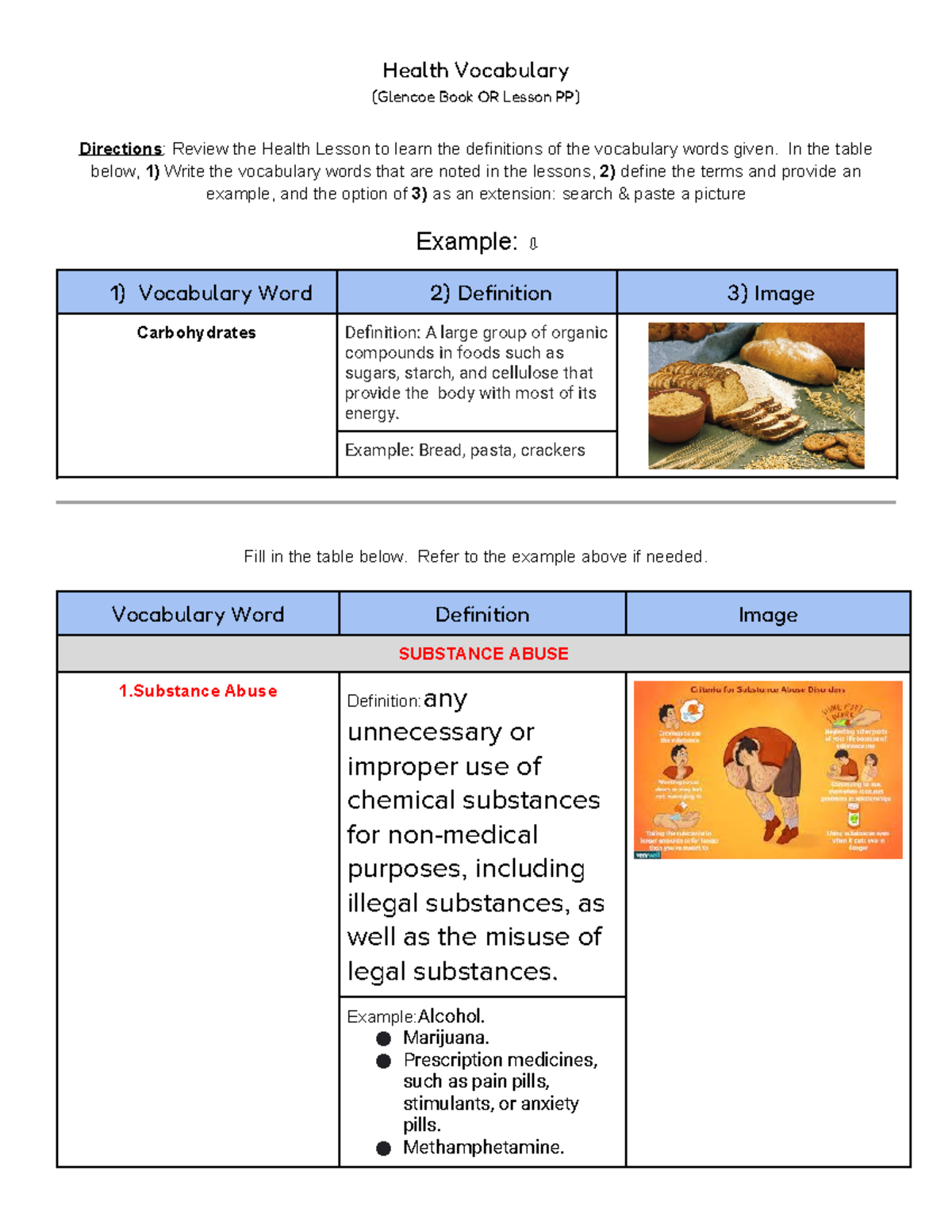 Copy of Vocab Substance Abuse Unit - Health Vocabulary (Glencoe Book OR ...