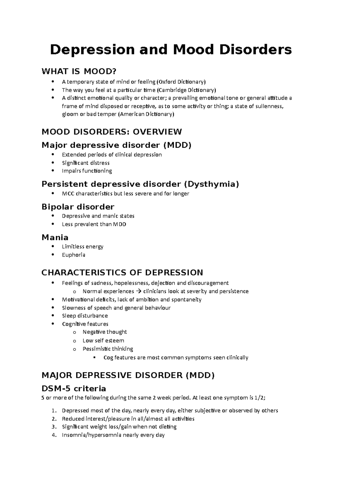 Abnormal Psychology - Mood Disorder Notes - Depression and Mood ...