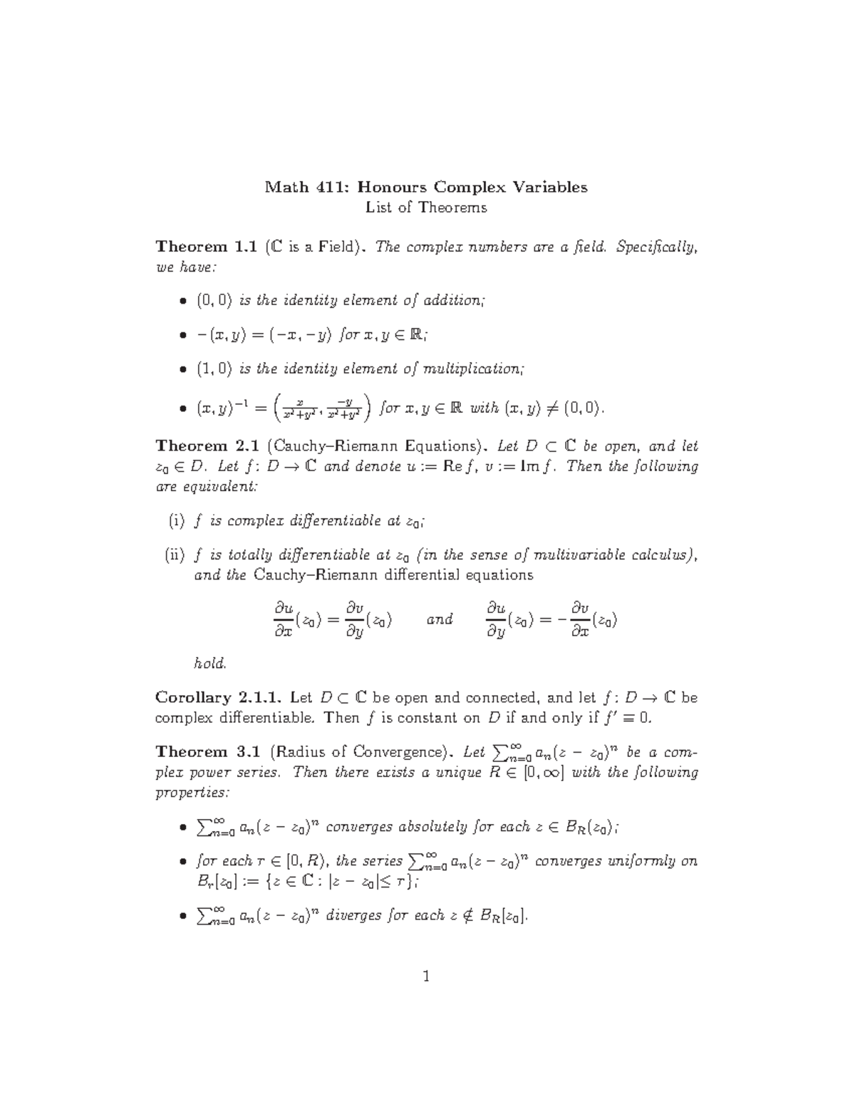 Theorems - Math 411: Honours Complex Variables List of Theorems Theorem ...
