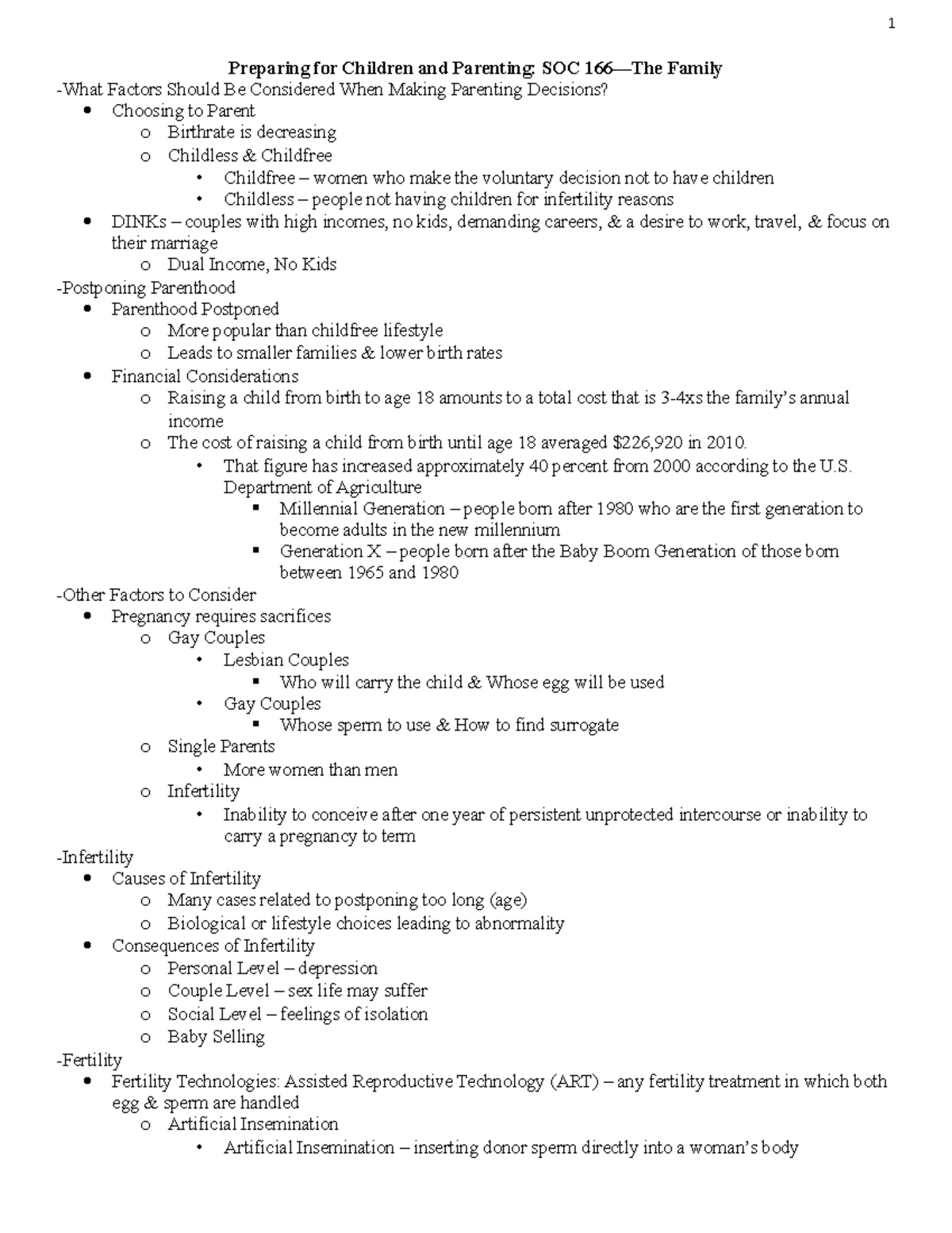 Notes Chapter 10-12 - 1 Preparing for Children and Parenting: SOC 166 ...