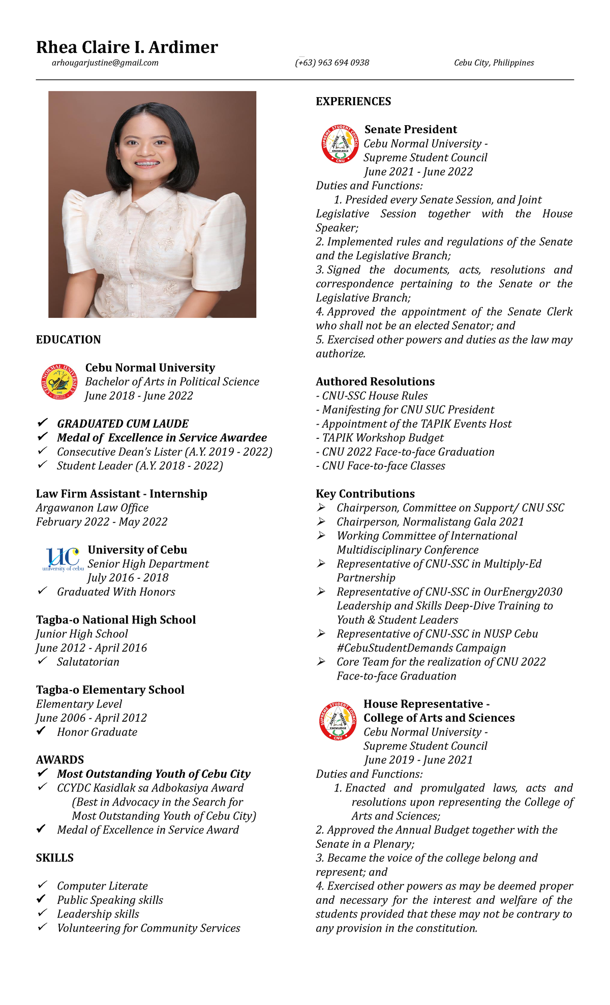 Resume - QHHJSS - Rhea Claire I. Ardimer arhougarjustine@gmail (+63) 9 ...