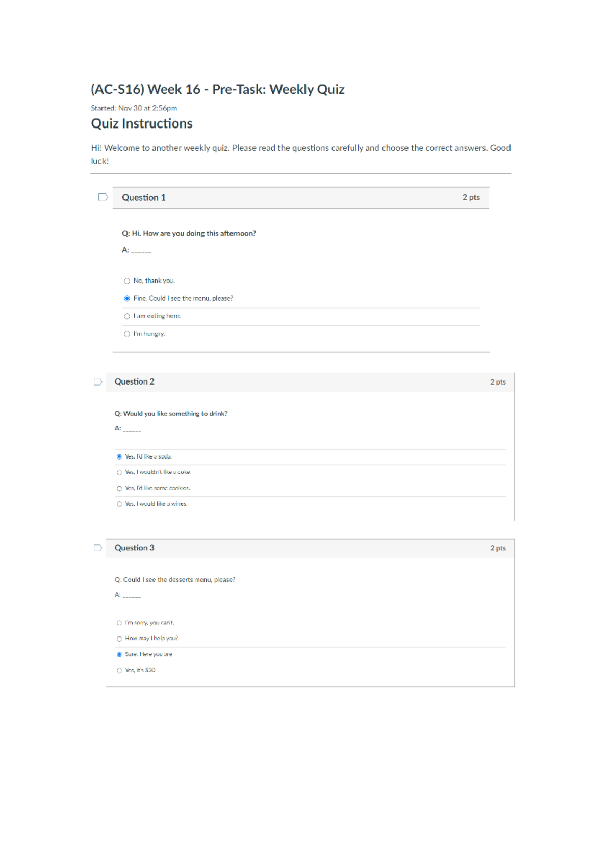 (AC-S16) Week 16 - Pre-Task: Weekly Quiz - Ingles II - Studocu